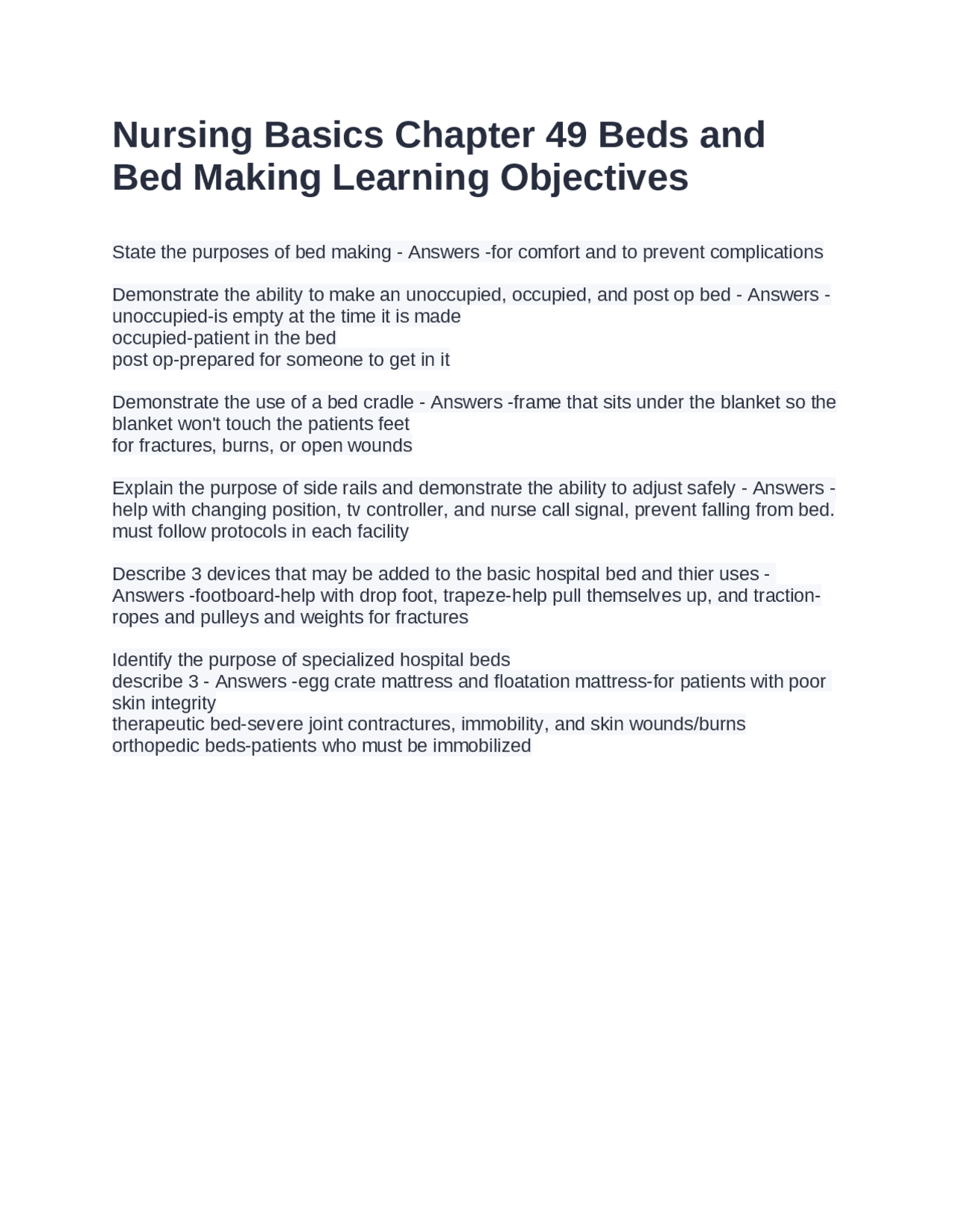 Nursing Basics: Chapter 49 - Beds and Bed Making | Exams Nursing | Docsity