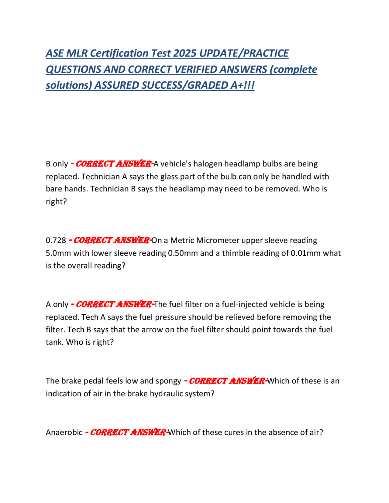 ASE MLR Certification Test 2025 UPDATE/PRACTICE QUESTIONS AND CORRECT ...