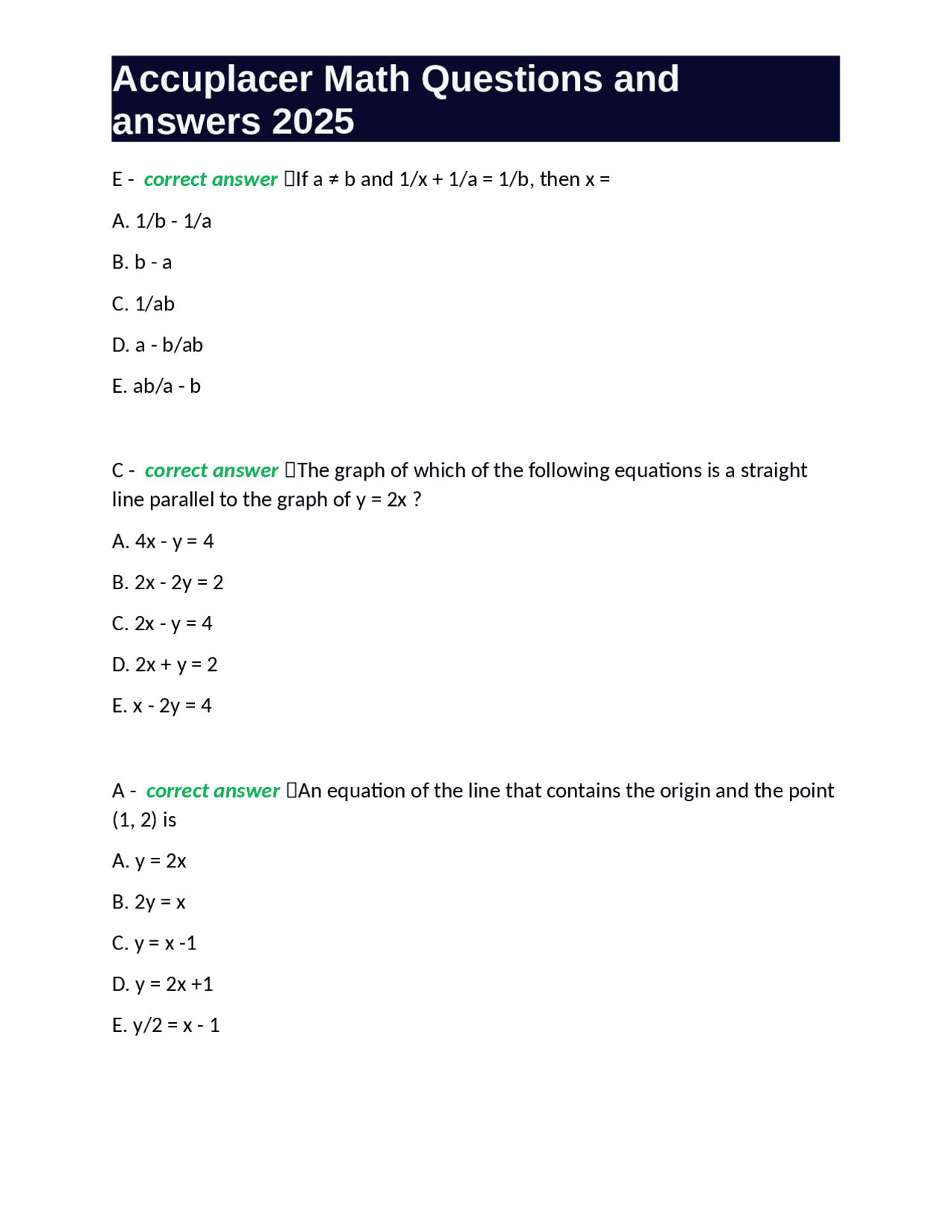 Accuplacer Math Questions and answers 2025 | Exams Nursing | Docsity