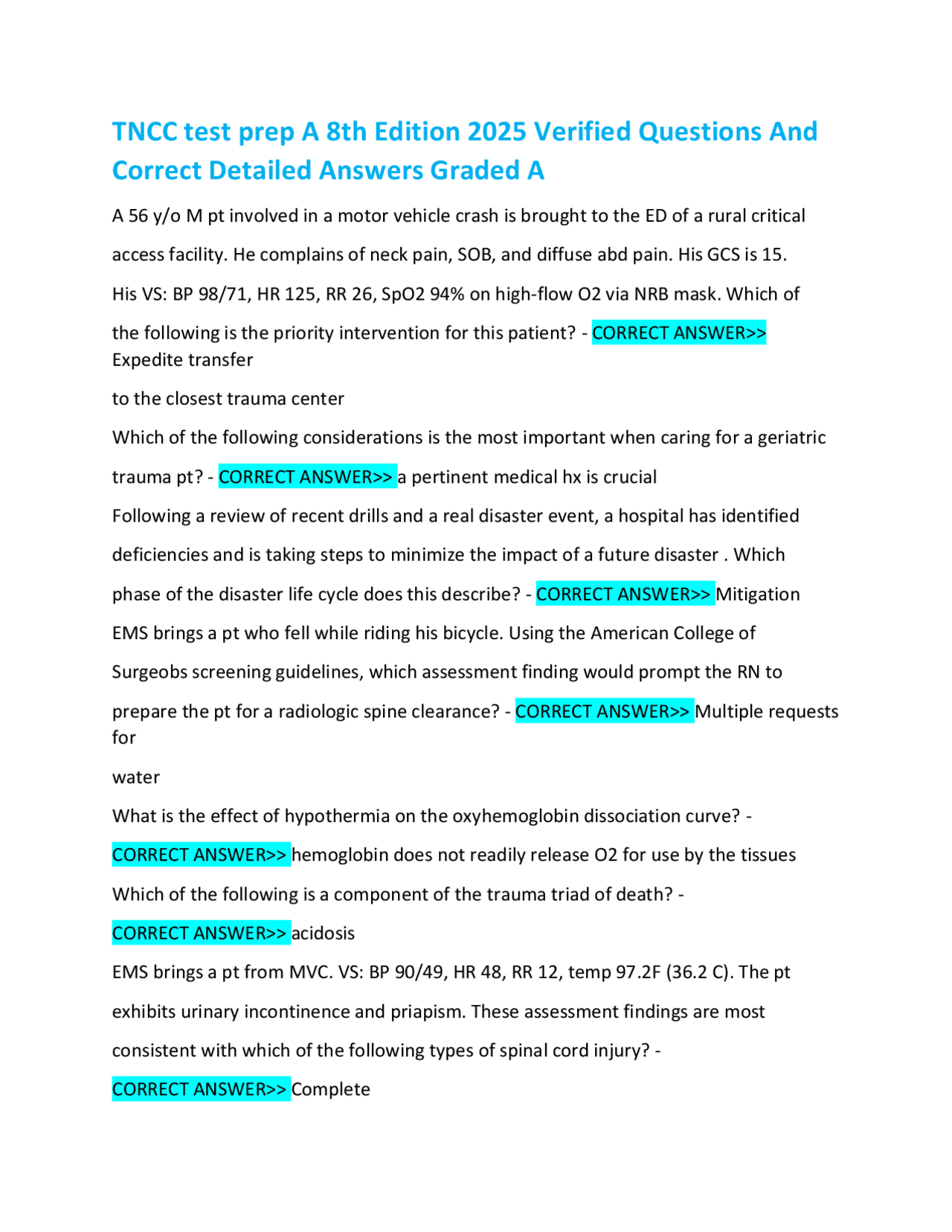 TNCC test prep A 8th Edition 2025 Verified Questions And Correct ...