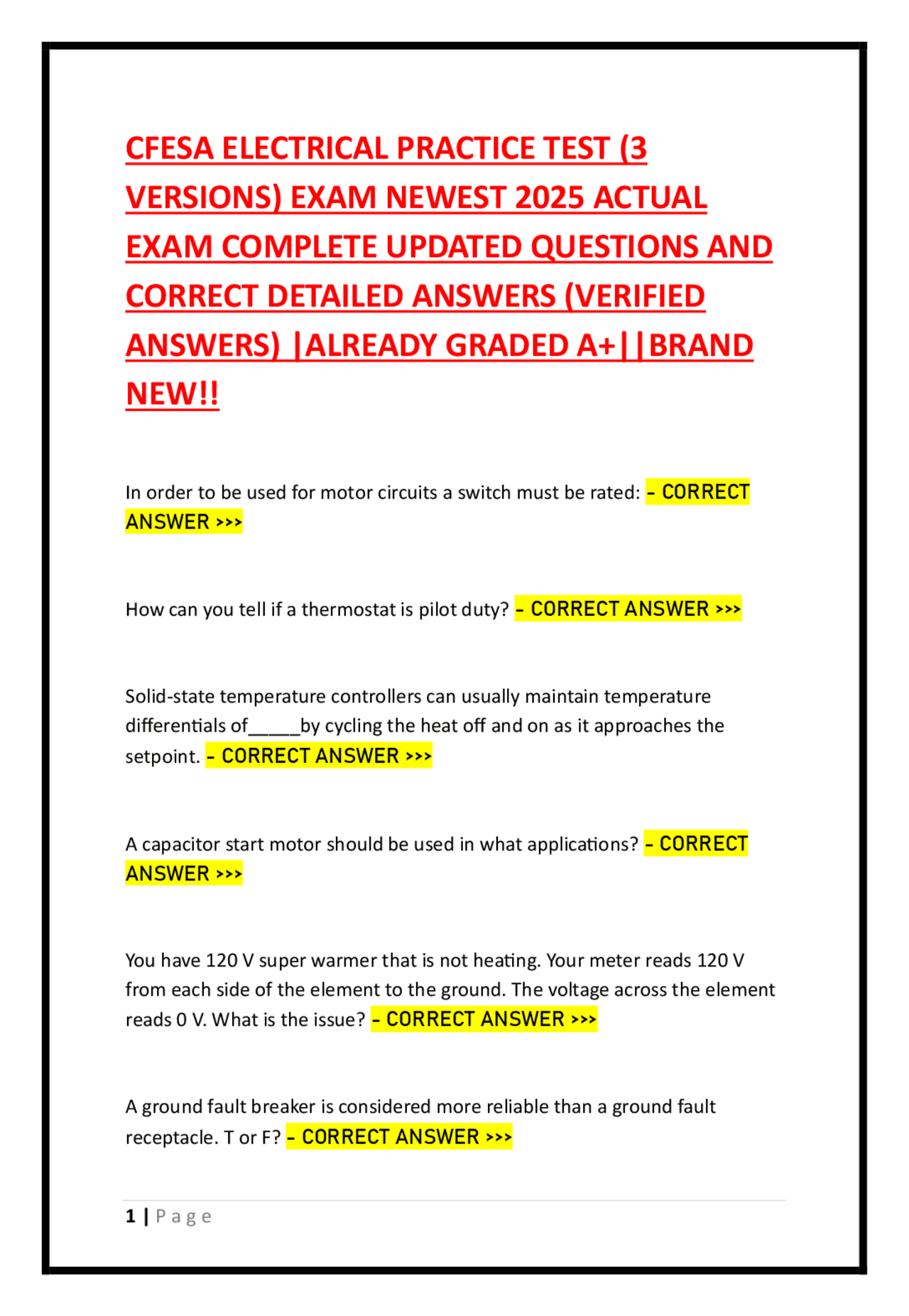 CFESA ELECTRICAL PRACTICE TEST (3 VERSIONS) EXAM NEWEST 2025 ACTUAL ...