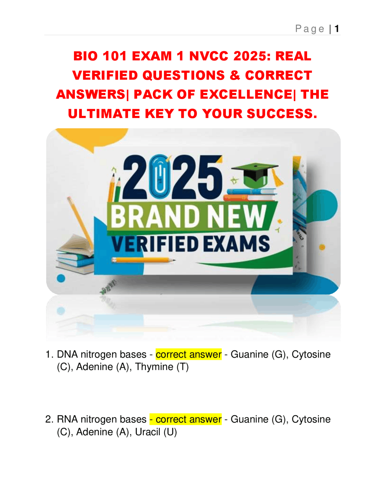 BIO 101 Exam 1: Verified Questions and Answers for NVCC 2025 | Exams ...