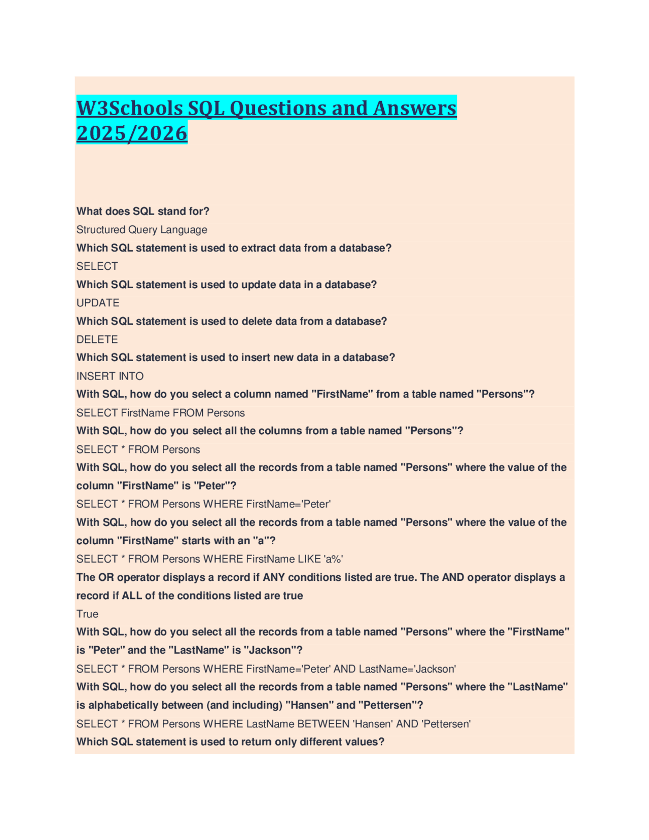 W3Schools SQL Questions and Answers 2025/2026 | Exams Business ...