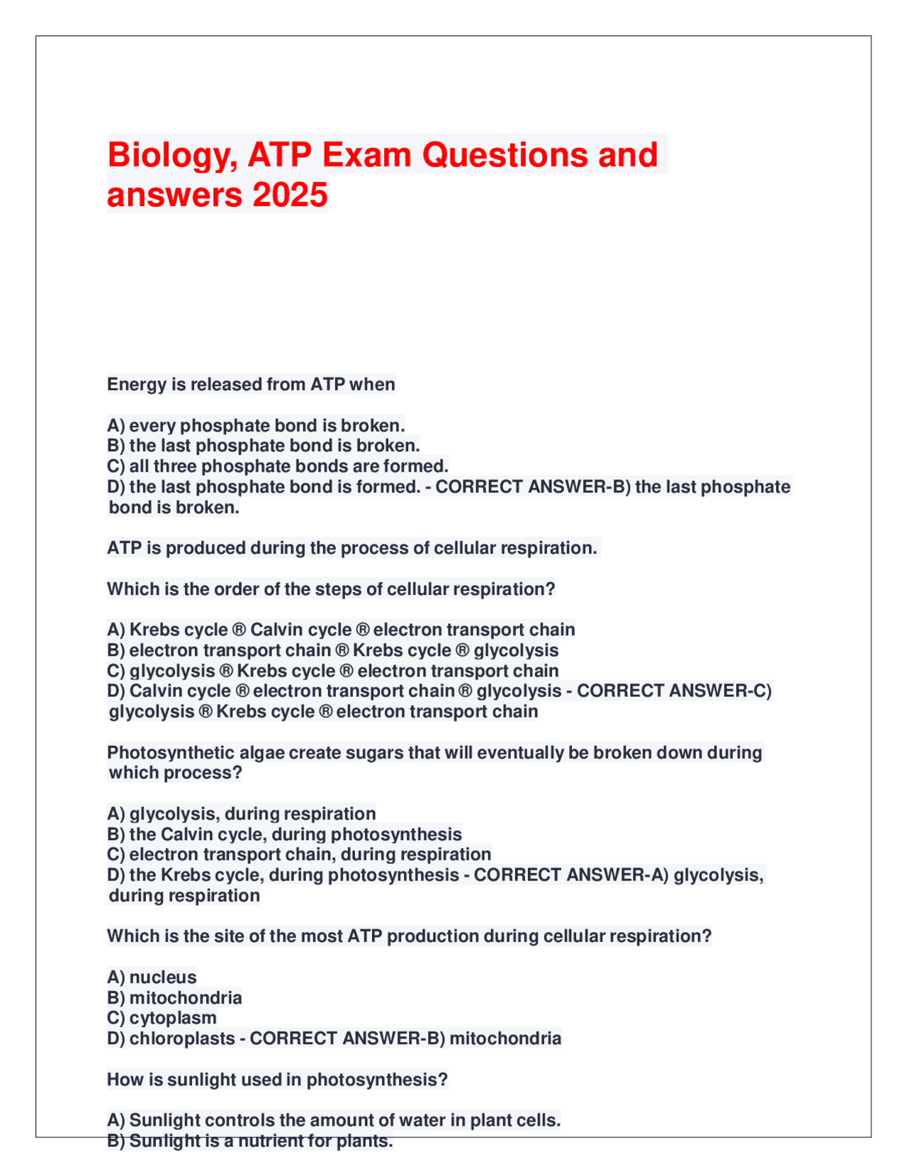 Biology, ATP Exam Questions and answers 2025.pdf | Exams Biology | Docsity
