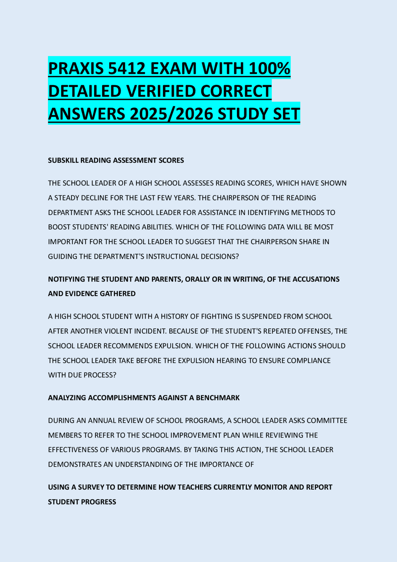 PRAXIS 5412 EXAM WITH 100% DETAILED VERIFIED CORRECT ANSWERS 2025/2026 ...