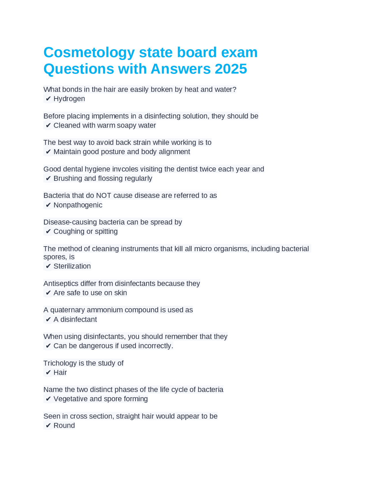 Cosmetology state board exam Questions with Answers 2025 | Exams ...