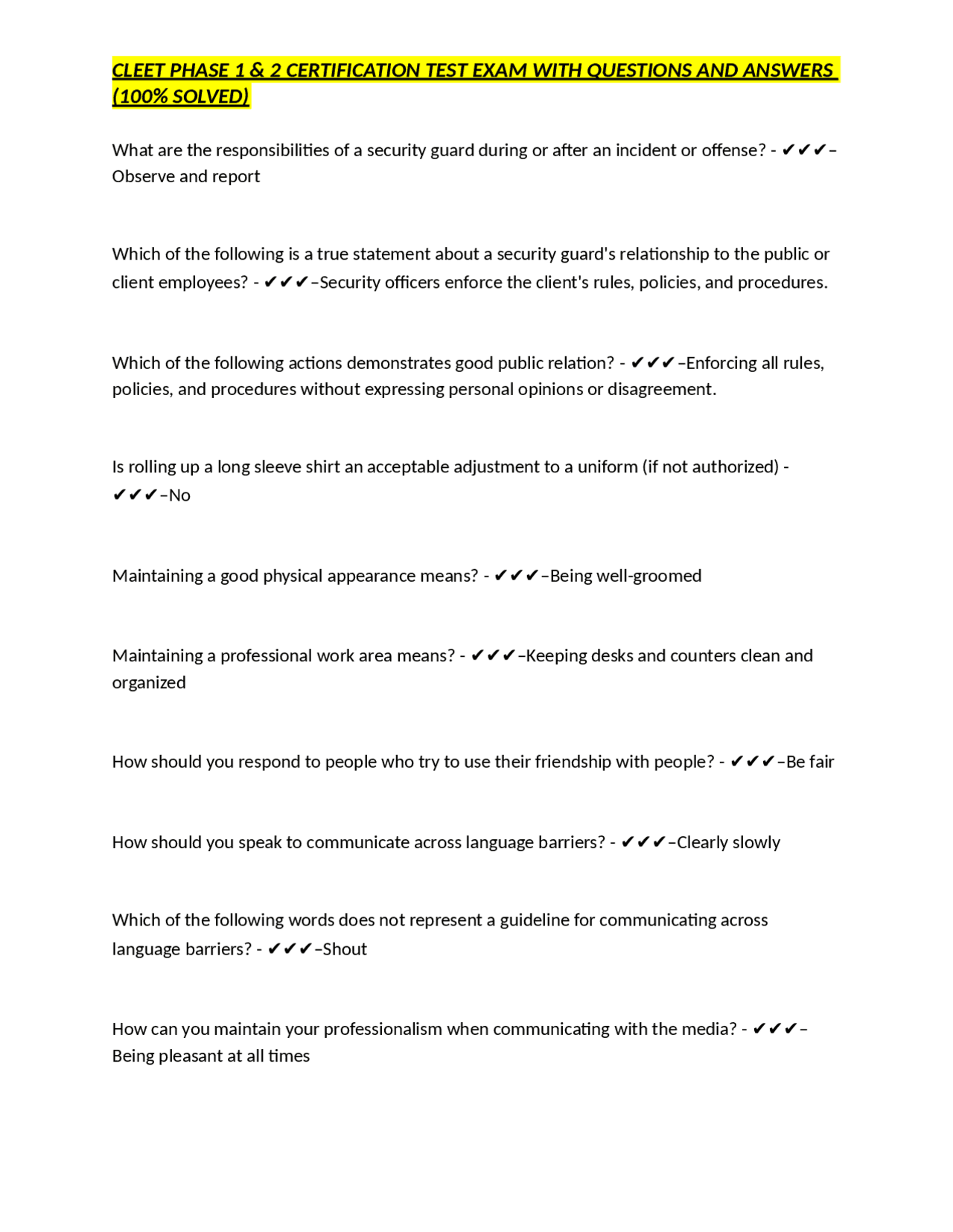 CLEET PHASE 1 & 2 CERTIFICATION TEST EXAM WITH QUESTIONS AND ANSWERS ...