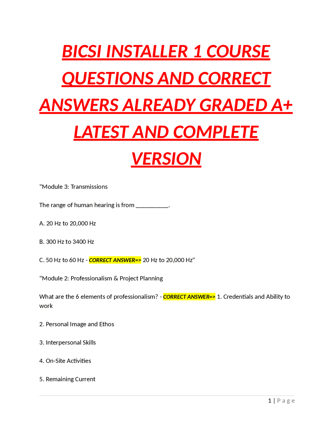 BICSI INSTALLER 1 COURSE QUESTIONS AND CORRECT ANSWERS ALREADY GRADED ...