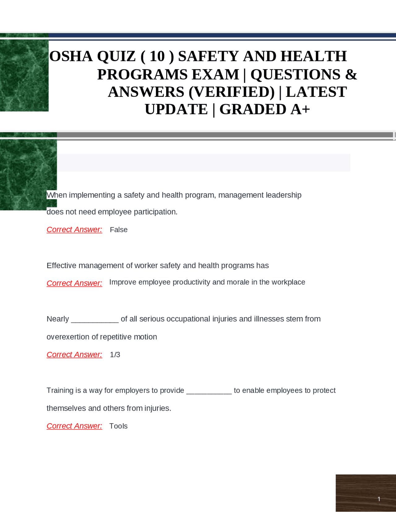 OSHA Safety and Health Programs Quiz: Questions and Answers | Exams ...