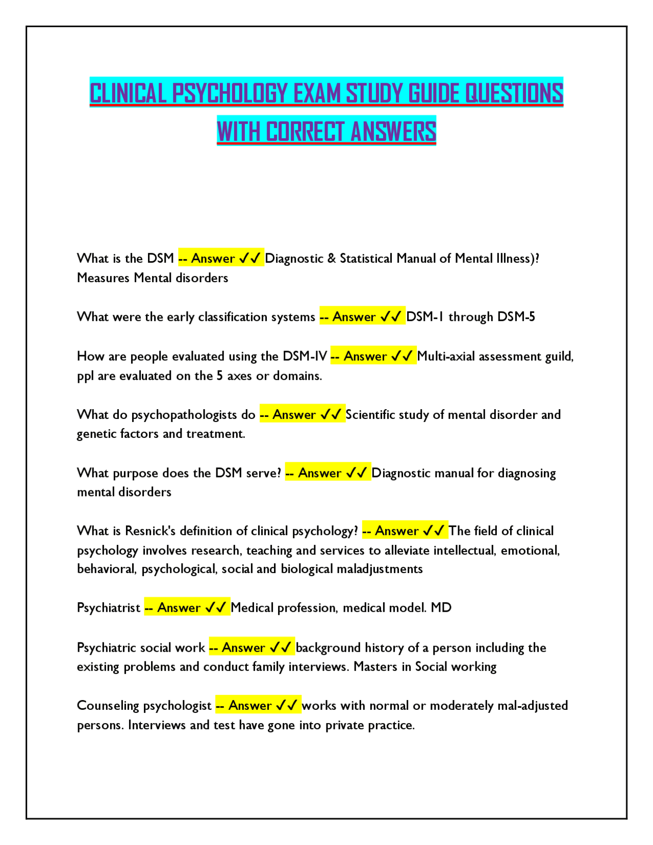 Clinical Psychology Exam Study Guide Questions with Correct Answers ...