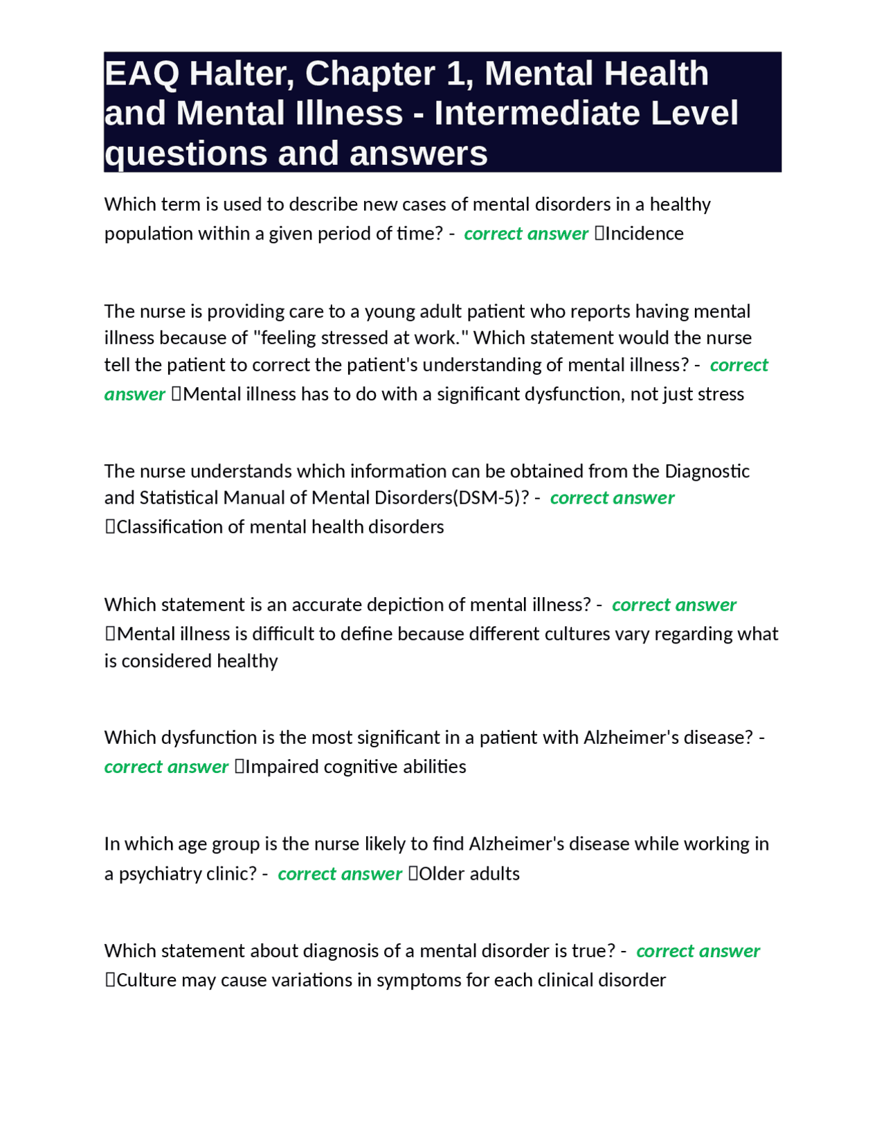 EAQ Halter, Chapter 1, Mental Health and Mental Illness - Intermediate ...