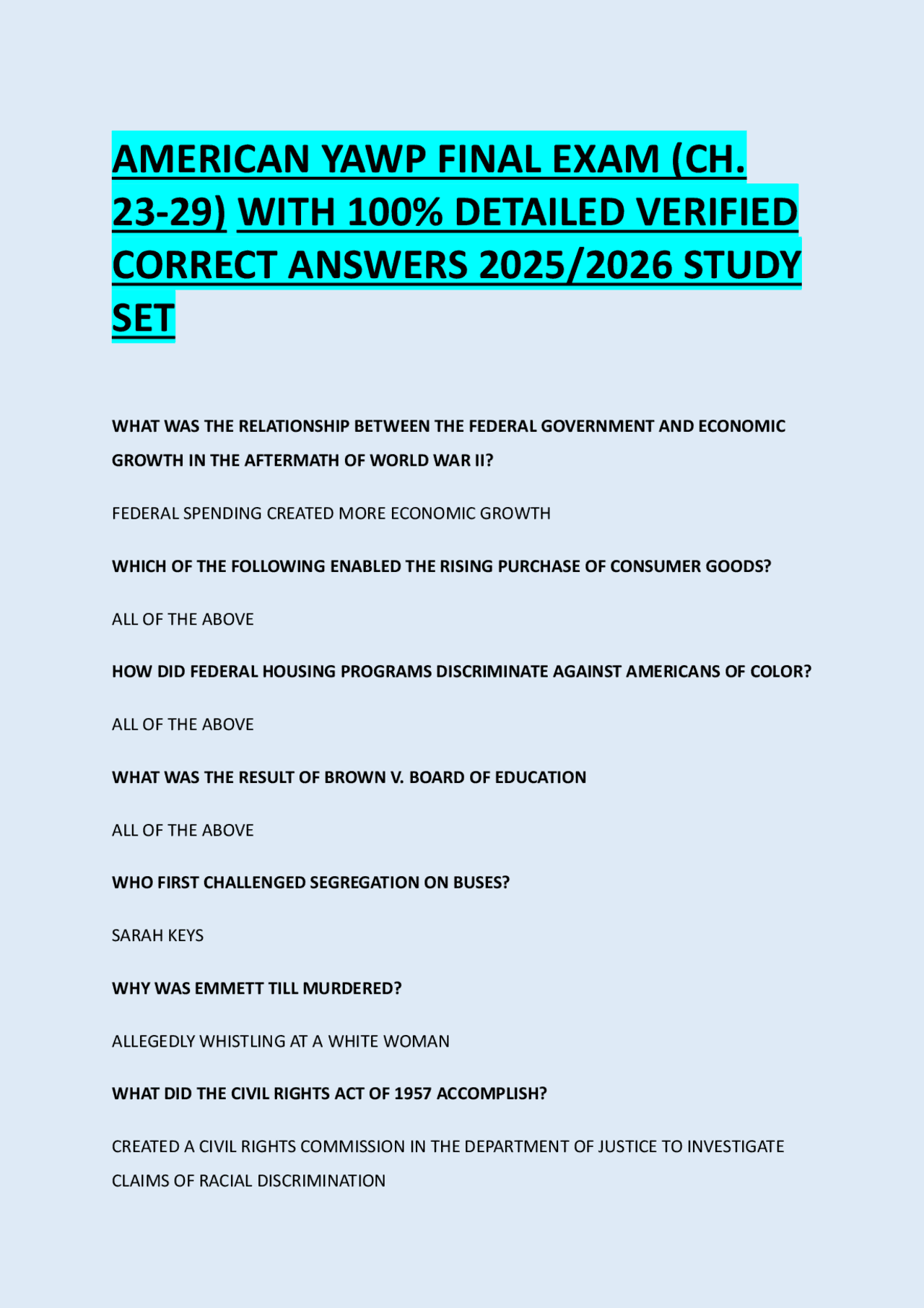 AMERICAN YAWP FINAL EXAM (CH. 23-29) WITH 100% DETAILED VERIFIED ...