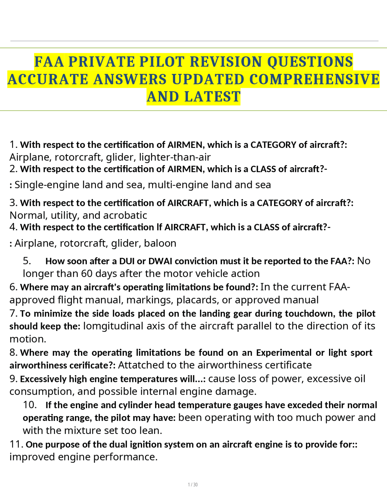 FAA PRIVATE PILOT REVISION QUESTIONS ACCURATE ANSWERS UPDATED ...
