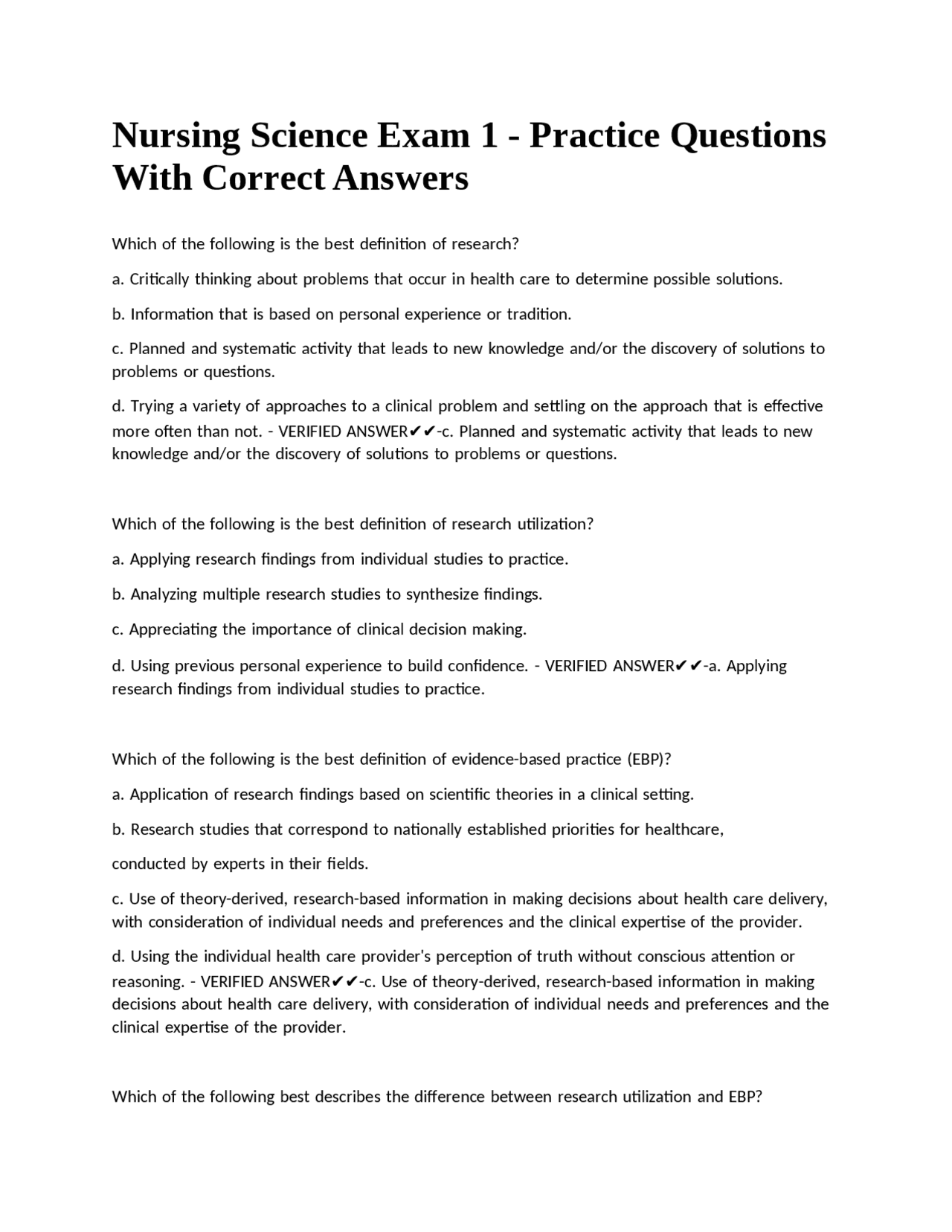 Nursing Science Exam 1 Practice Questions With Correct Answers