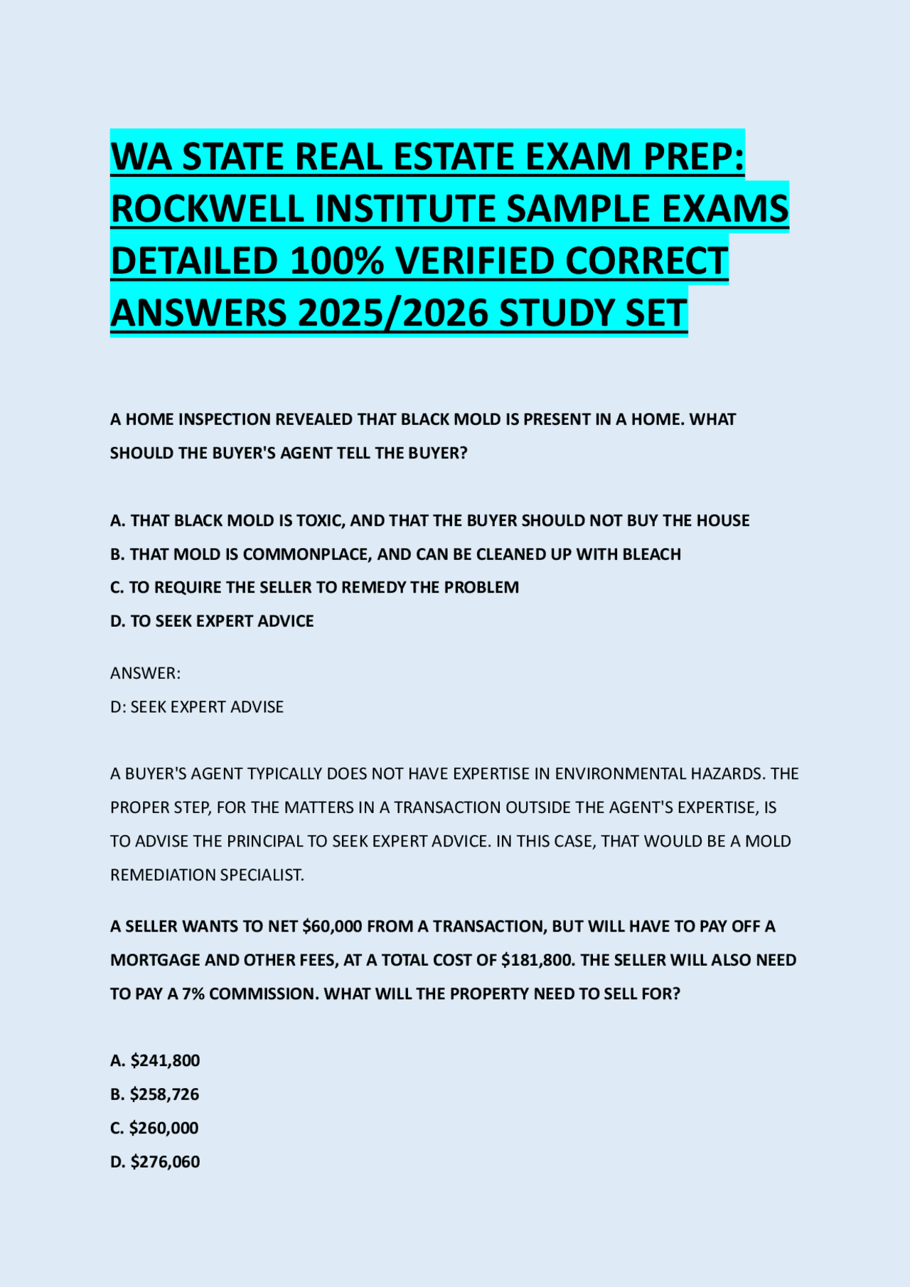 WA STATE REAL ESTATE EXAM PREP: ROCKWELL INSTITUTE SAMPLE EXAMS ...