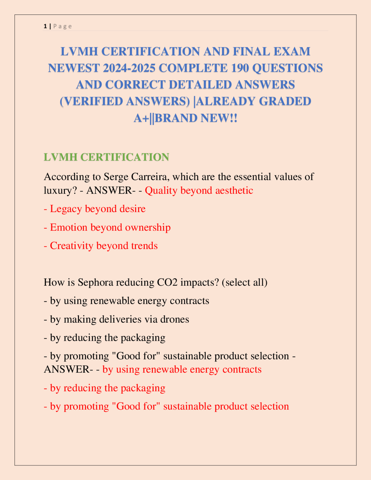 LVMH CERTIFICATION AND FINAL EXAM NEWEST 2024-2025 COMPLETE 190 QUESTIONS AND CORRECT DE | Exams ...