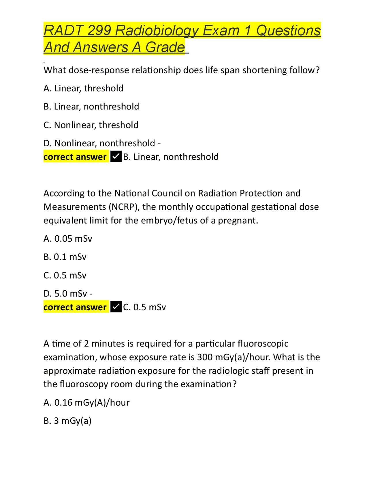 RADT 299 Radiobiology Exam 1 Questions and Answers | Exams Nursing ...