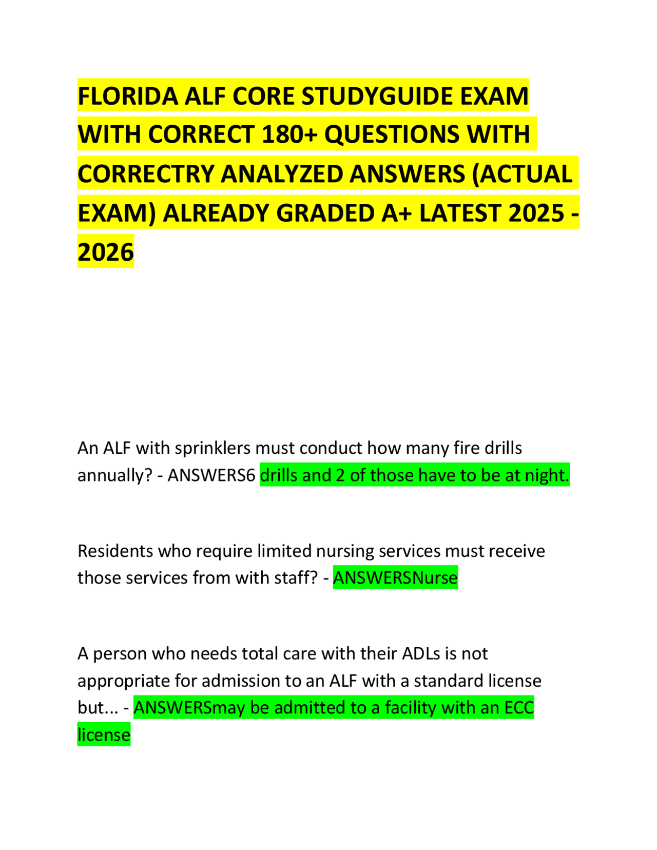 FLORIDA ALF CORE STUDYGUIDE EXAM WITH CORRECT 180+ QUESTIONS | Exams ...