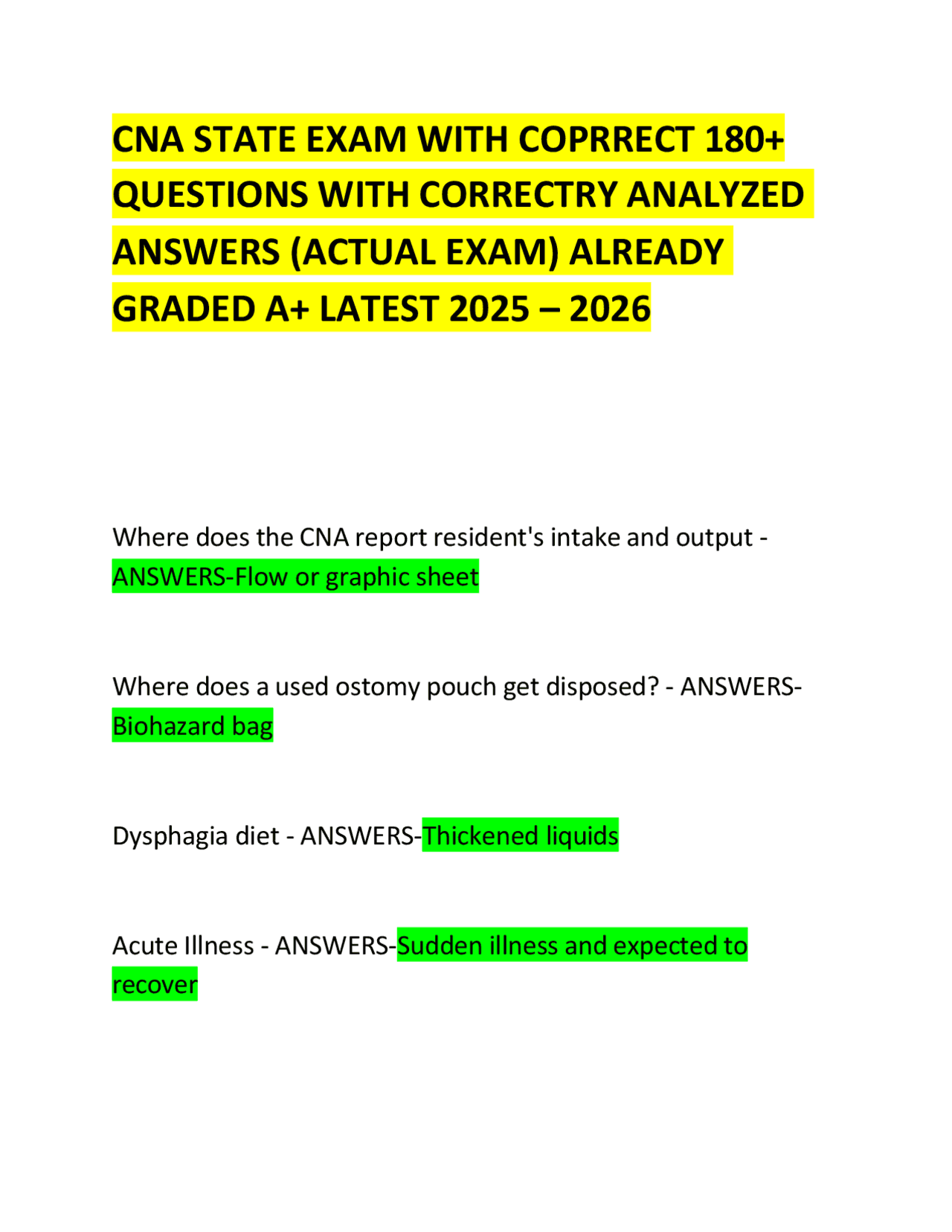 CNA STATE EXAM WITH COPRRECT 180+ QUESTIONS WITH CORRECTRY ANALYZED ...