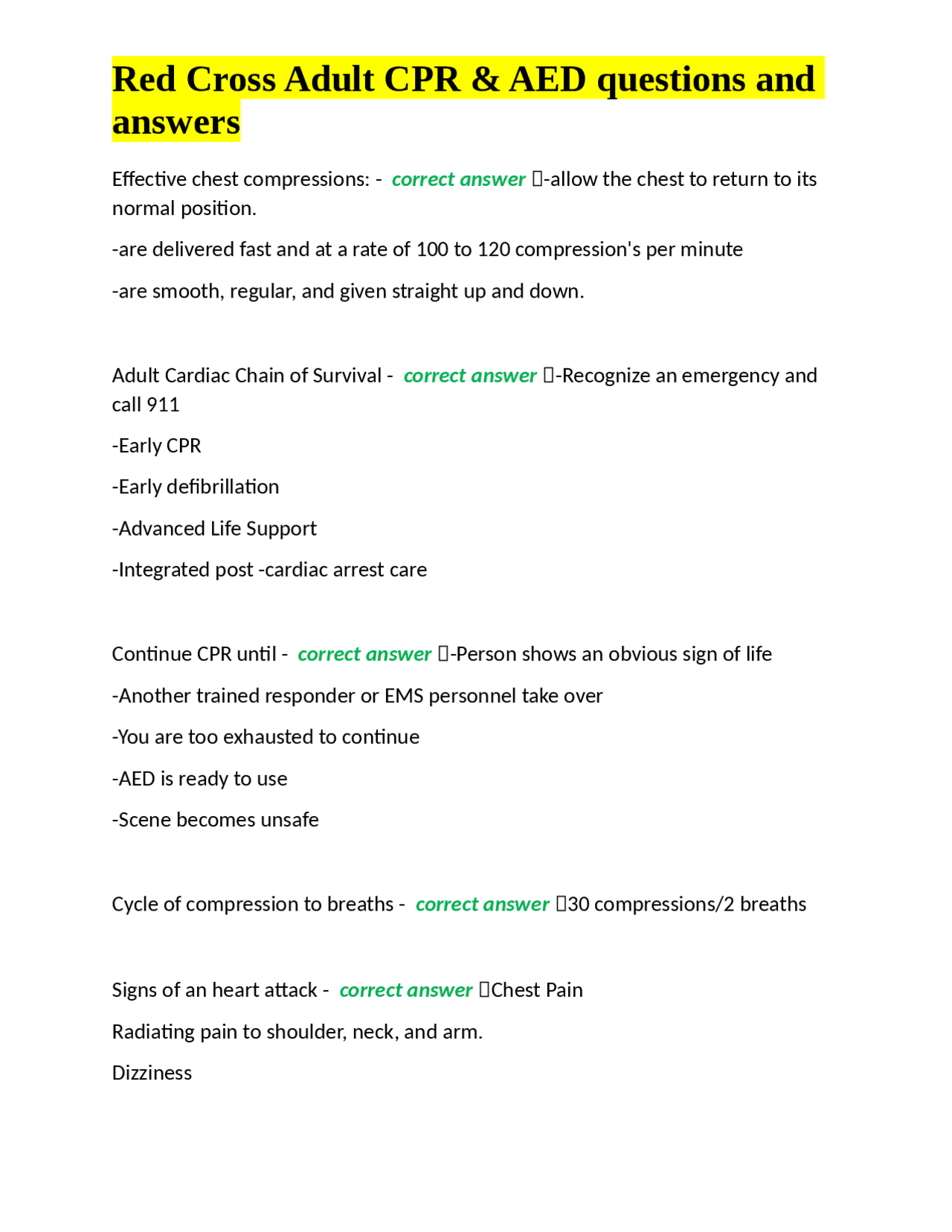 Red Cross Adult CPR & AED questions and answers. | Exams Nursing | Docsity
