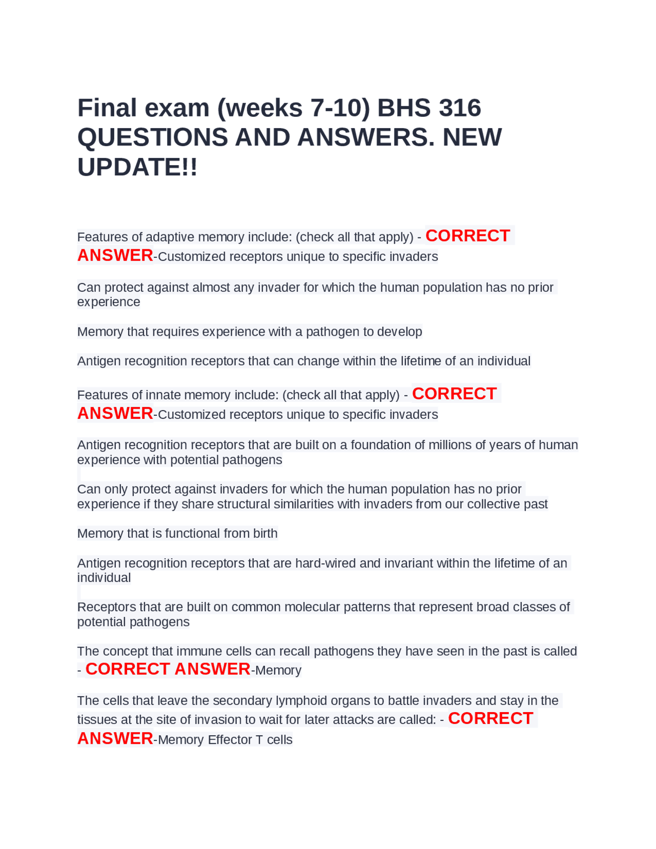 Final exam (weeks 7-10) BHS 316 QUESTIONS AND ANSWERS. NEW UPDATE ...