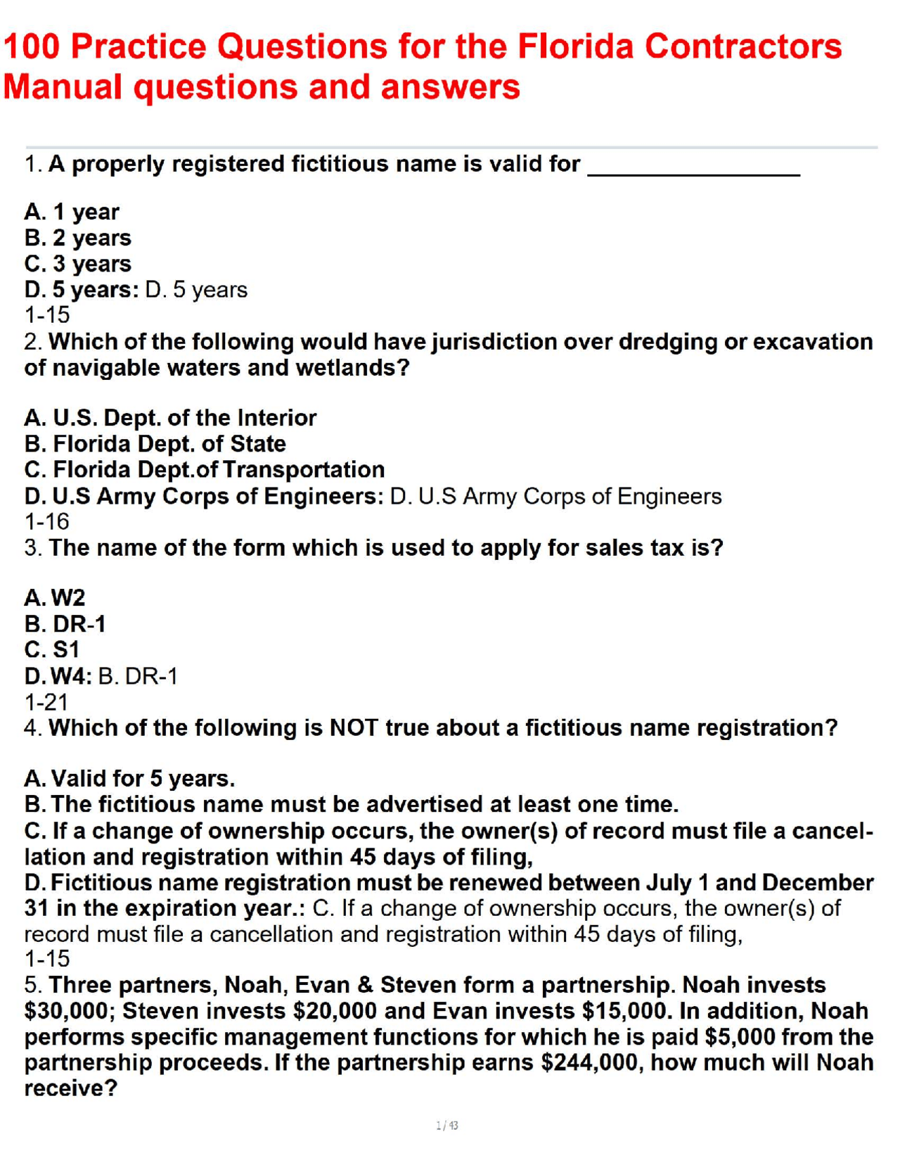 100 Practice Questions for the Florida Contractors Manual questions and ...