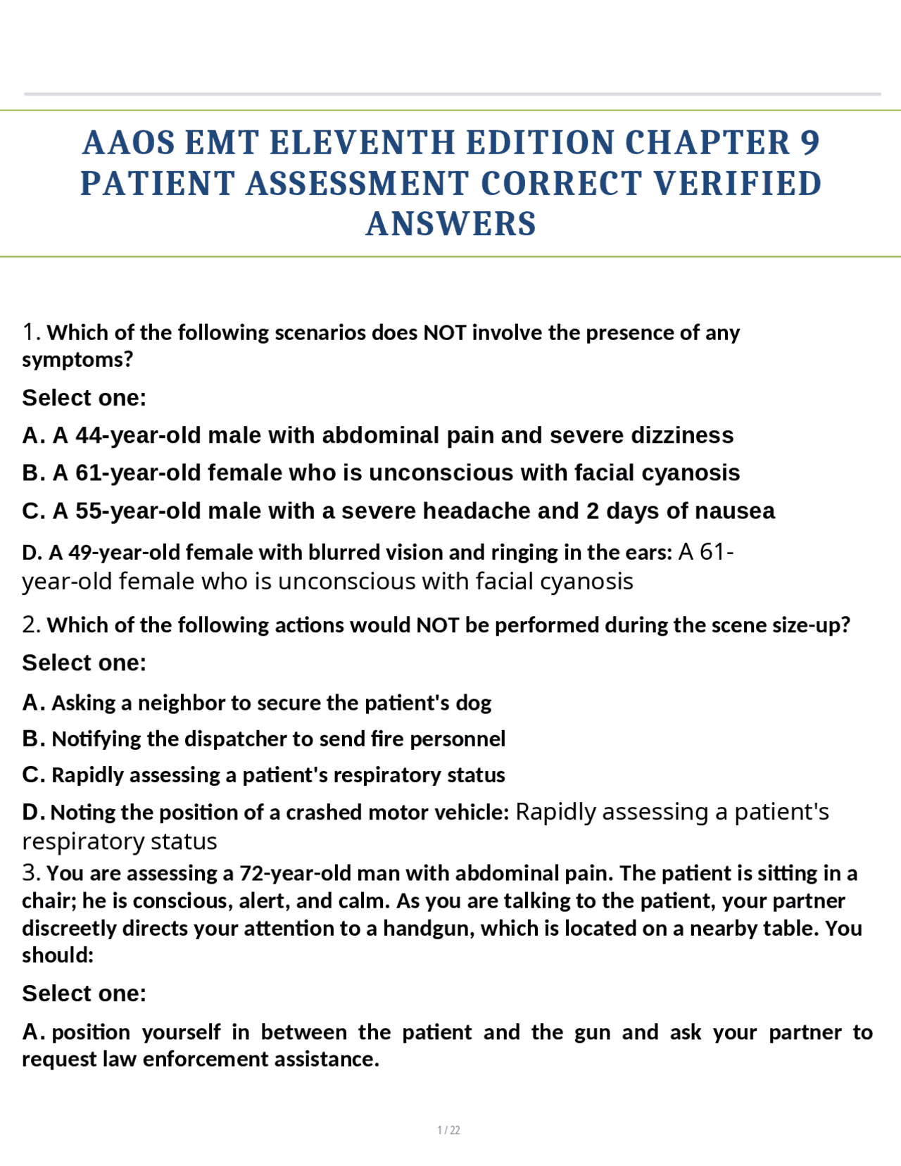 AAOS EMT ELEVENTH EDITION CHAPTER 9 PATIENT ASSESSMENT CORRECT VERIFIED ...
