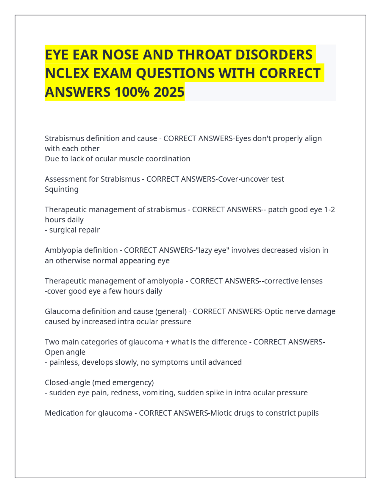 EYE EAR NOSE AND THROAT DISORDERS NCLEX EXAM QUESTIONS WITH CORRECT ...