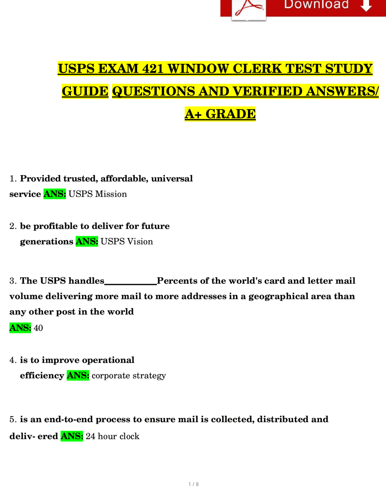 USPS EXAM 421 WINDOW CLERK TEST STUDY GUIDE QUESTIONS AND ANSWERS ...