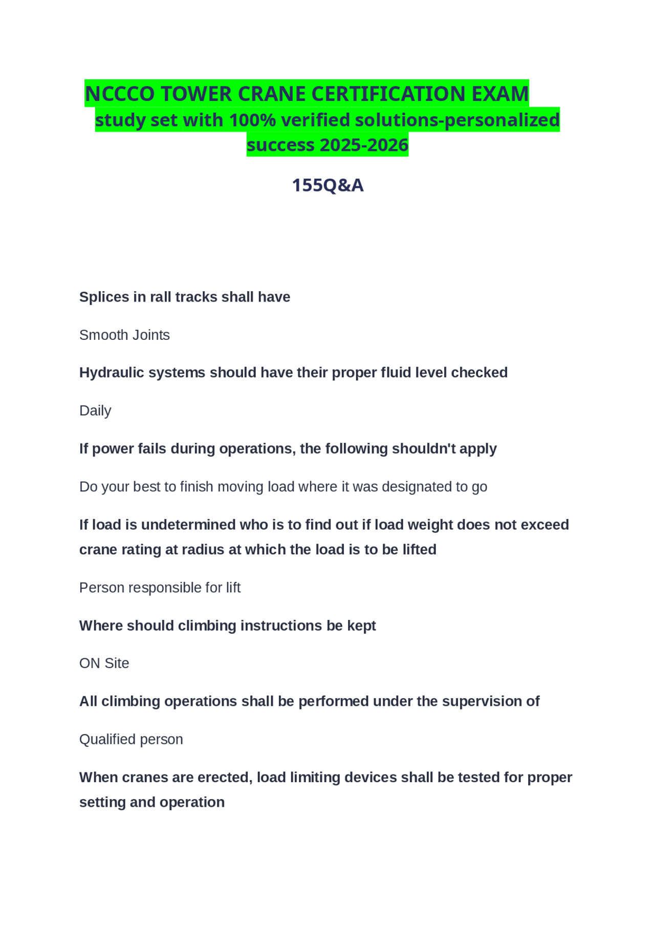 NCCCO TOWER CRANE CERTIFICATION EXAM study set with 100% verified ...