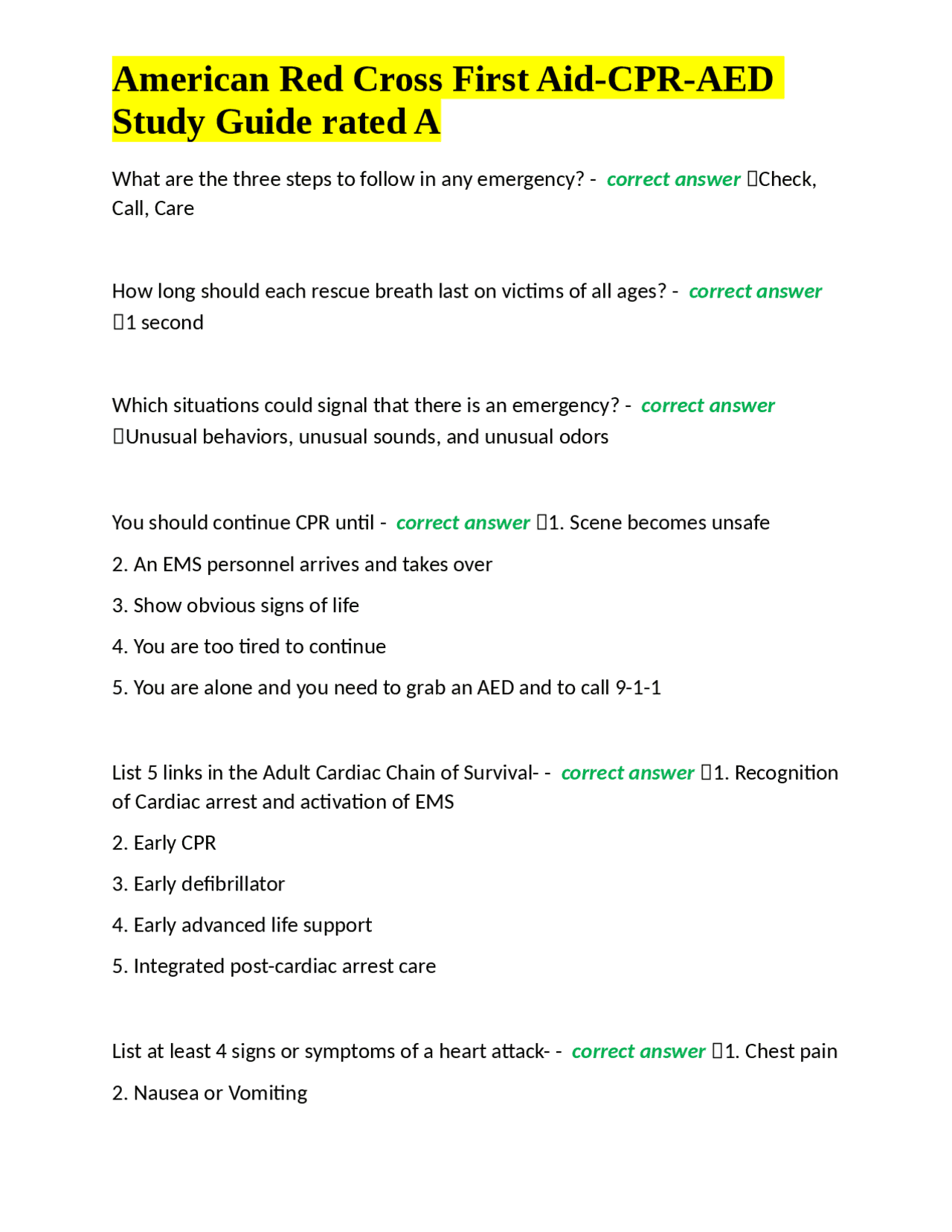 American Red Cross First Aid-CPR-AED Study Guide rated A. | Exams ...