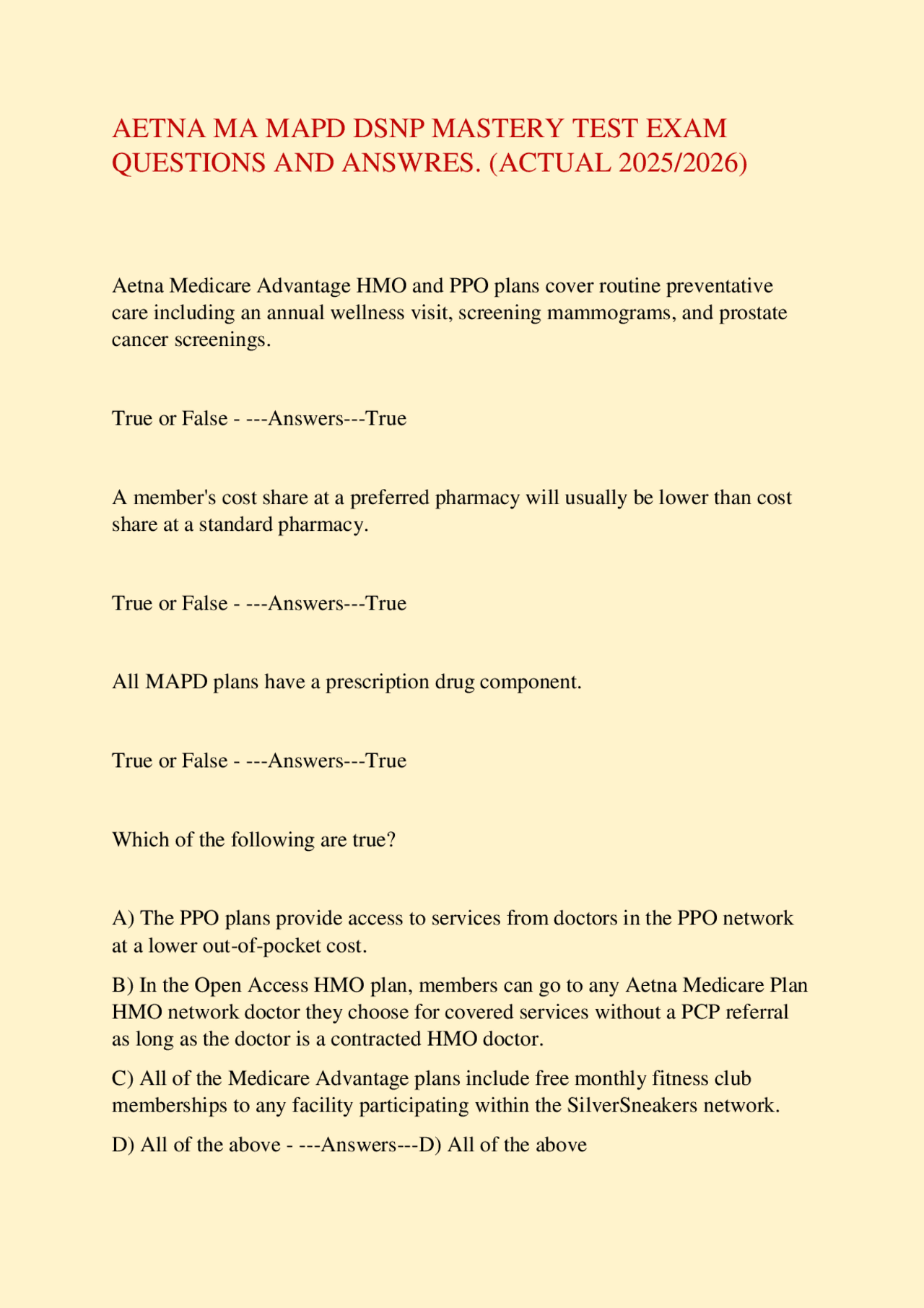 Aetna MA MAPD DSNP Mastery Test Exam Questions and Answers | Exams ...