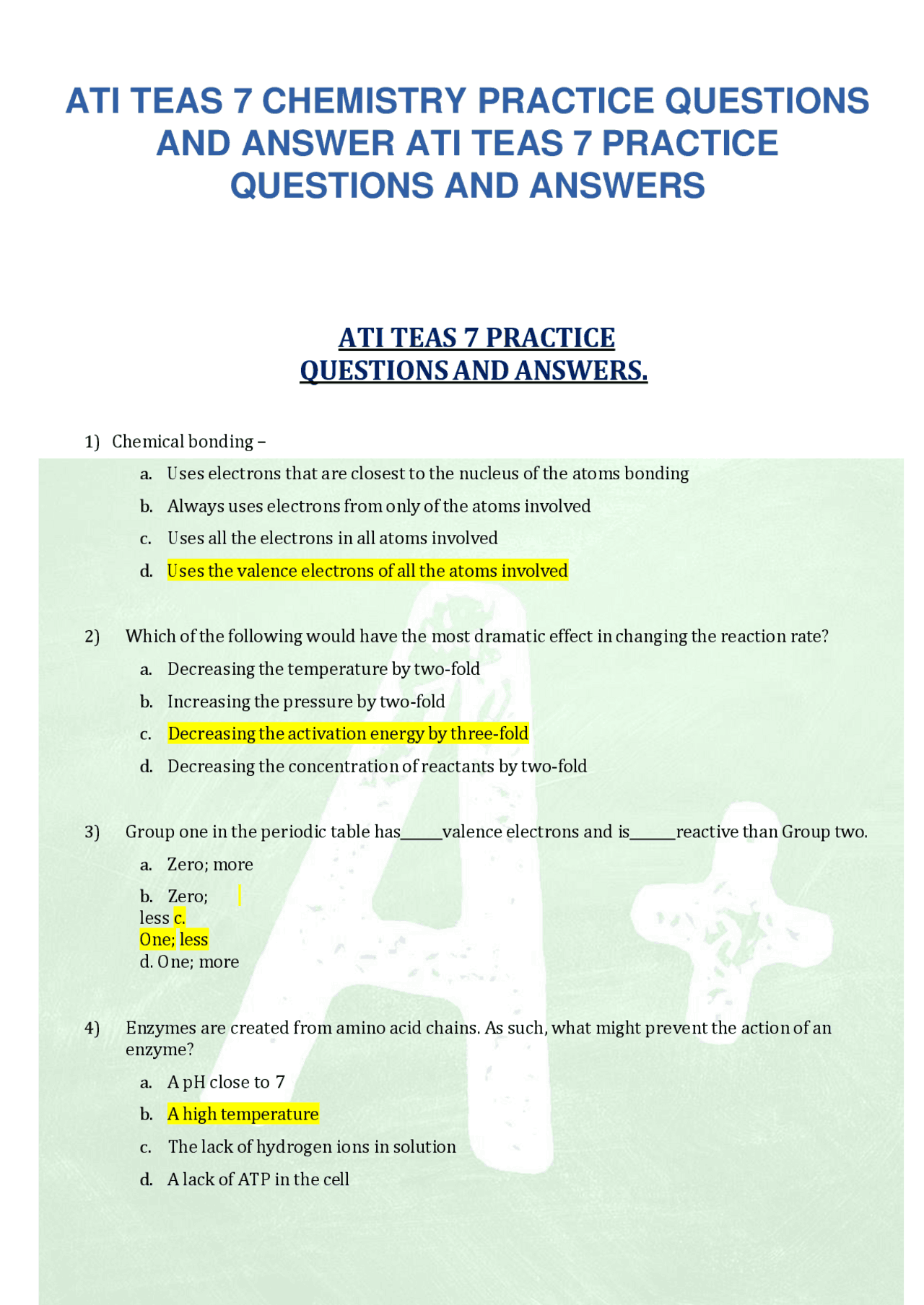 Chemistry Practice Questions and Answers | Exams Nursing | Docsity