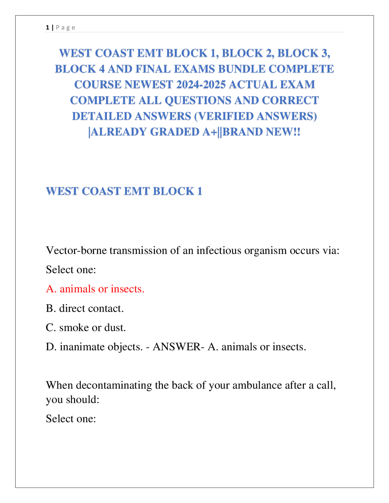 WEST COAST EMT BLOCK 1, BLOCK 2, BLOCK 3, BLOCK 4 AND FINAL EXAMS ...