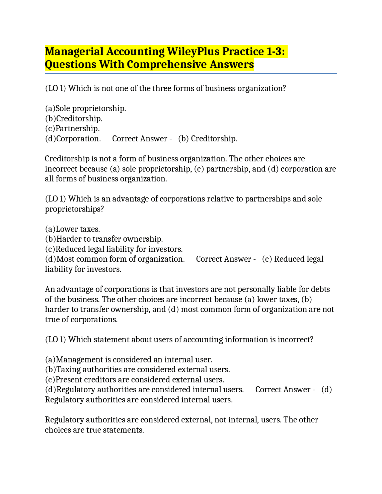 Managerial Accounting WileyPlus Practice 1-3: Questions With ...
