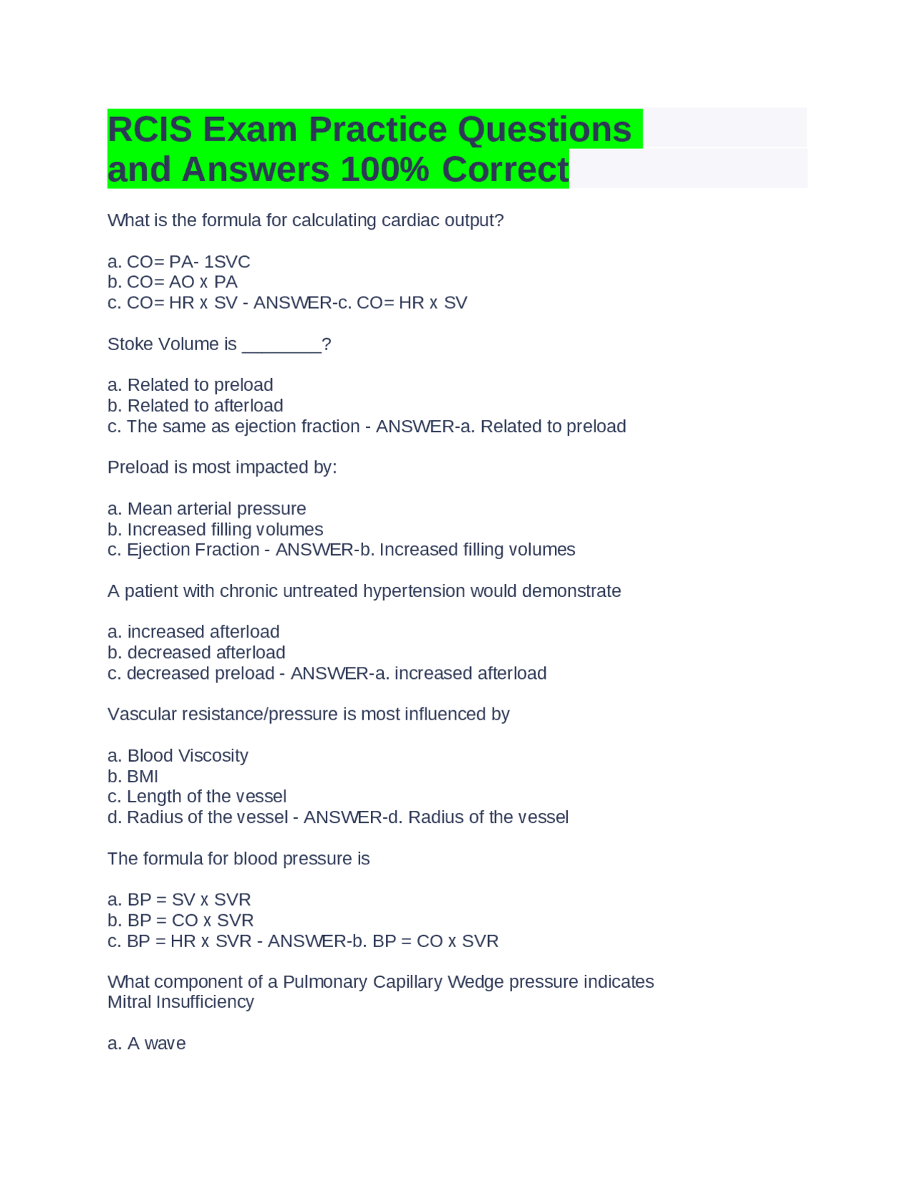 RCIS Exam Practice Questions and Answers | Exams Nursing | Docsity