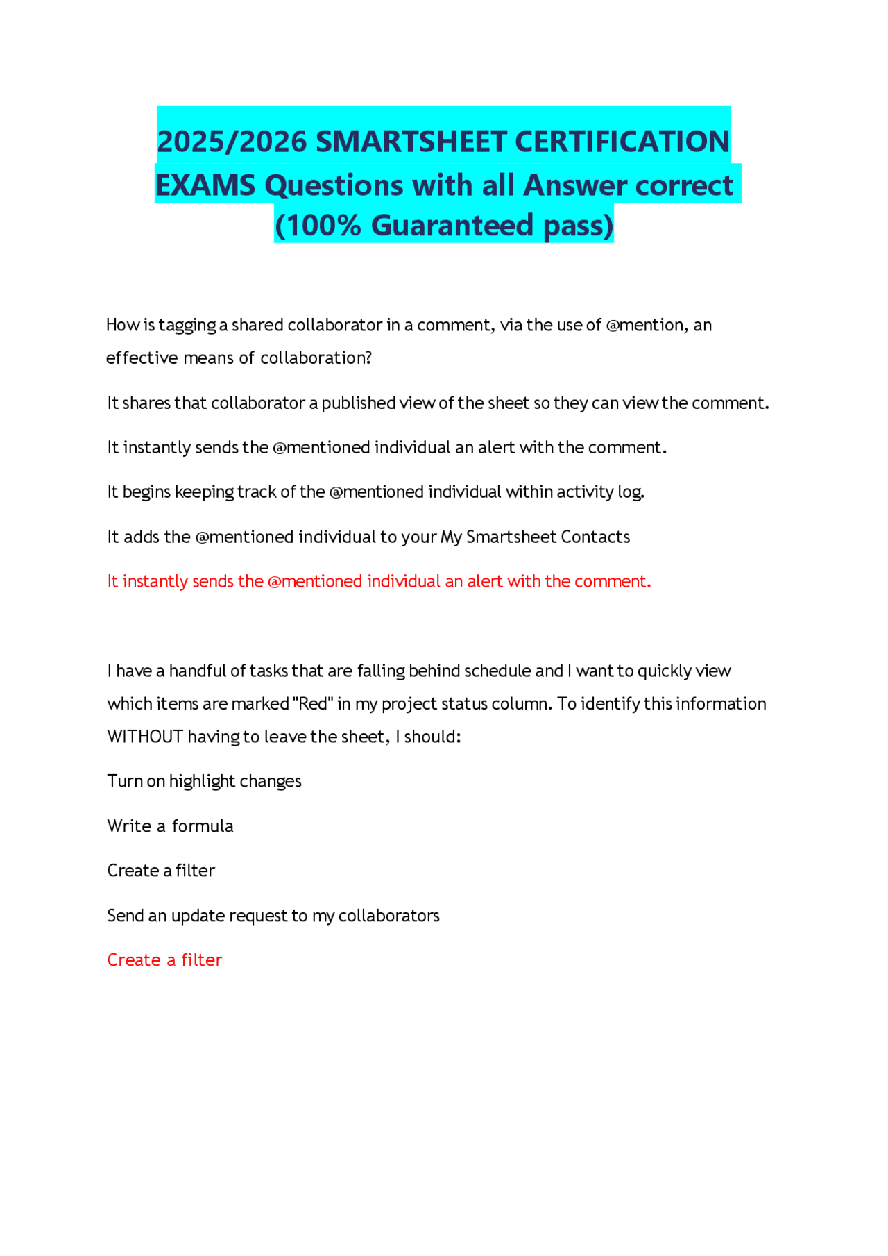 5/2026 SMARTSHEET CERTIFICATION EXAMS Questions with all Answer correct ...