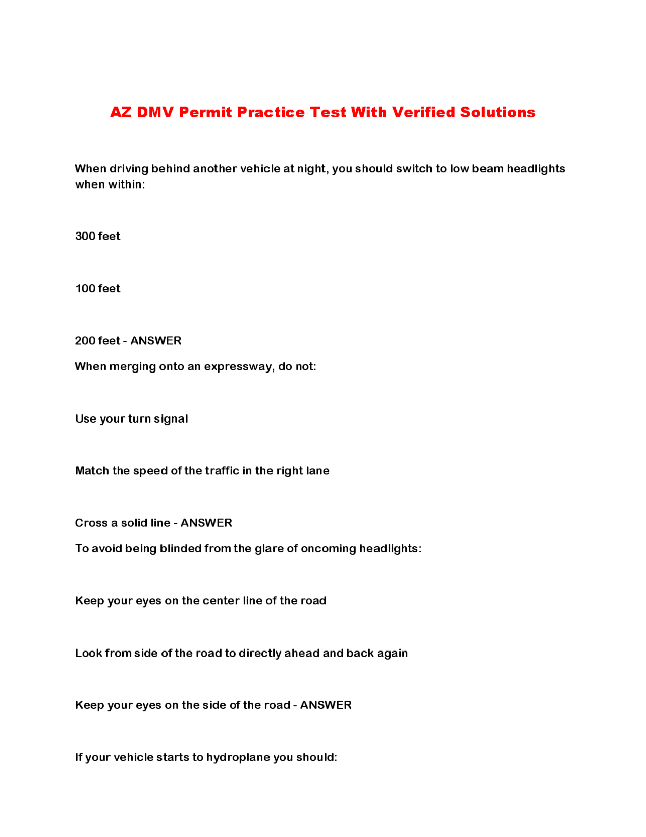AZ DMV Permit Practice Test With Verified Solutions | Exams Advanced ...