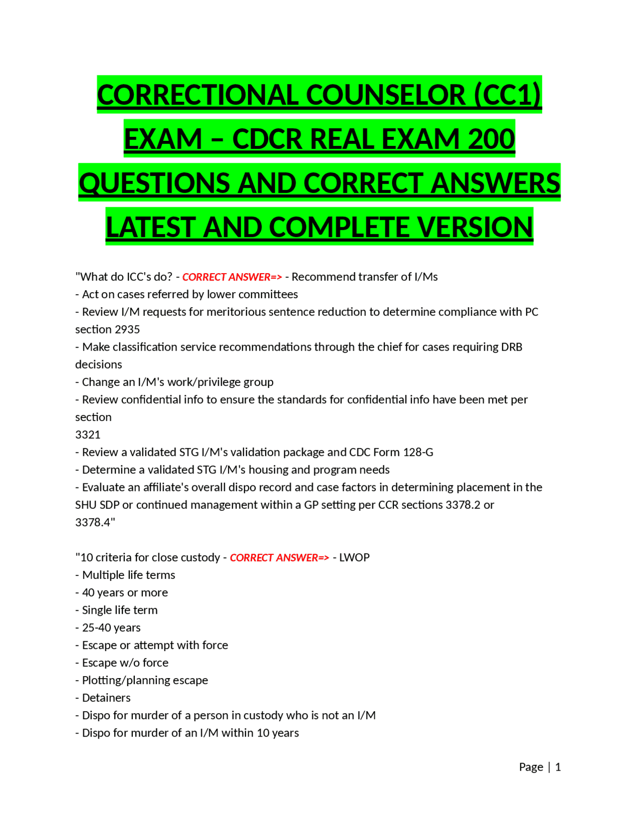 CORRECTIONAL COUNSELOR (CC1) EXAM – CDCR REAL EXAM 200 QUESTIONS AND ...