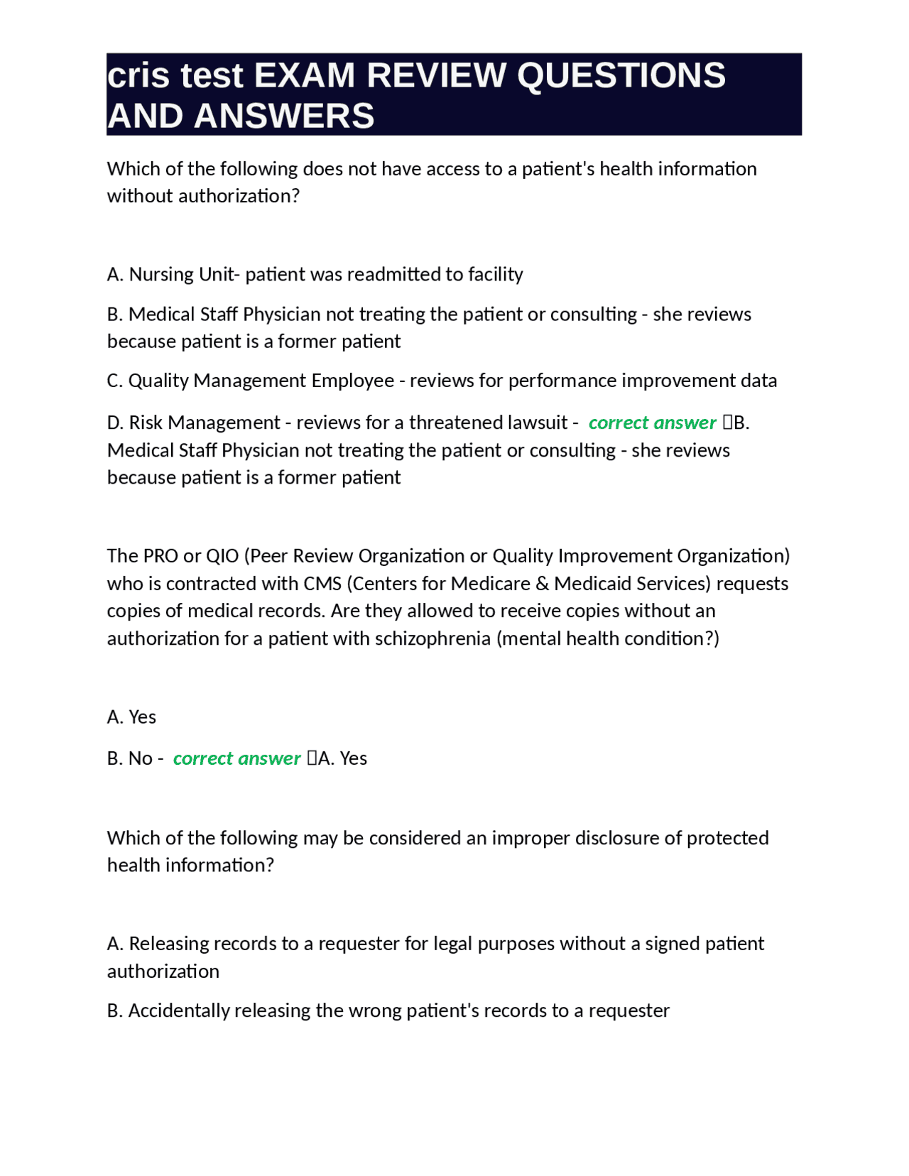 cris test EXAM REVIEW QUESTIONS AND ANSWERS | Exercises Nursing | Docsity