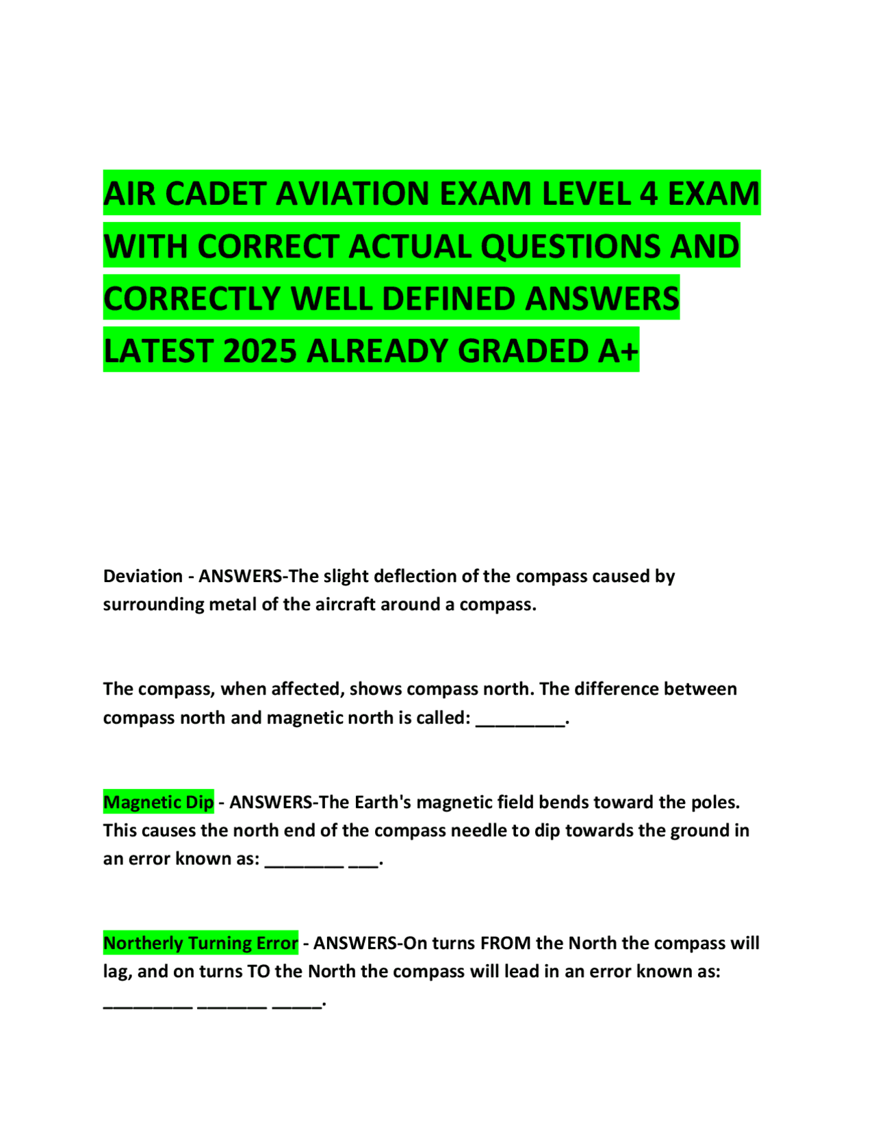 AIR CADET AVIATION EXAM LEVEL 4 EXAM WITH CORRECT ACTUAL QUESTIONS ...