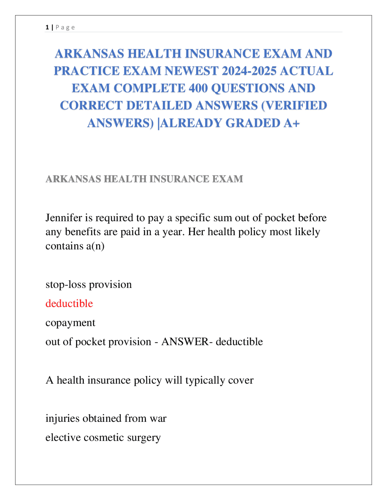 ARKANSAS HEALTH INSURANCE EXAM AND PRACTICE EXAM NEWEST 2024-2025 ...
