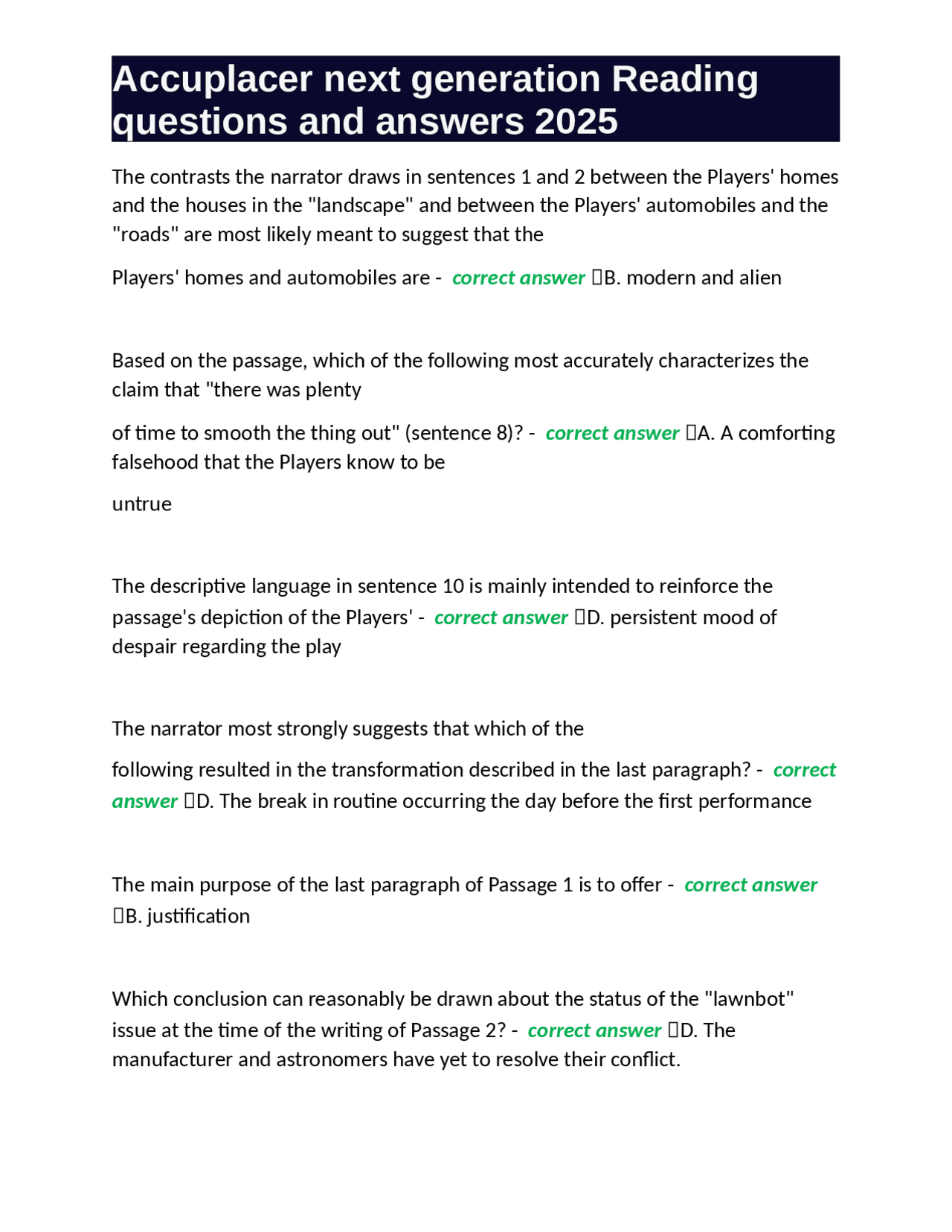 Accuplacer Next Generation Reading Practice Questions And Answers Exams Nursing Docsity