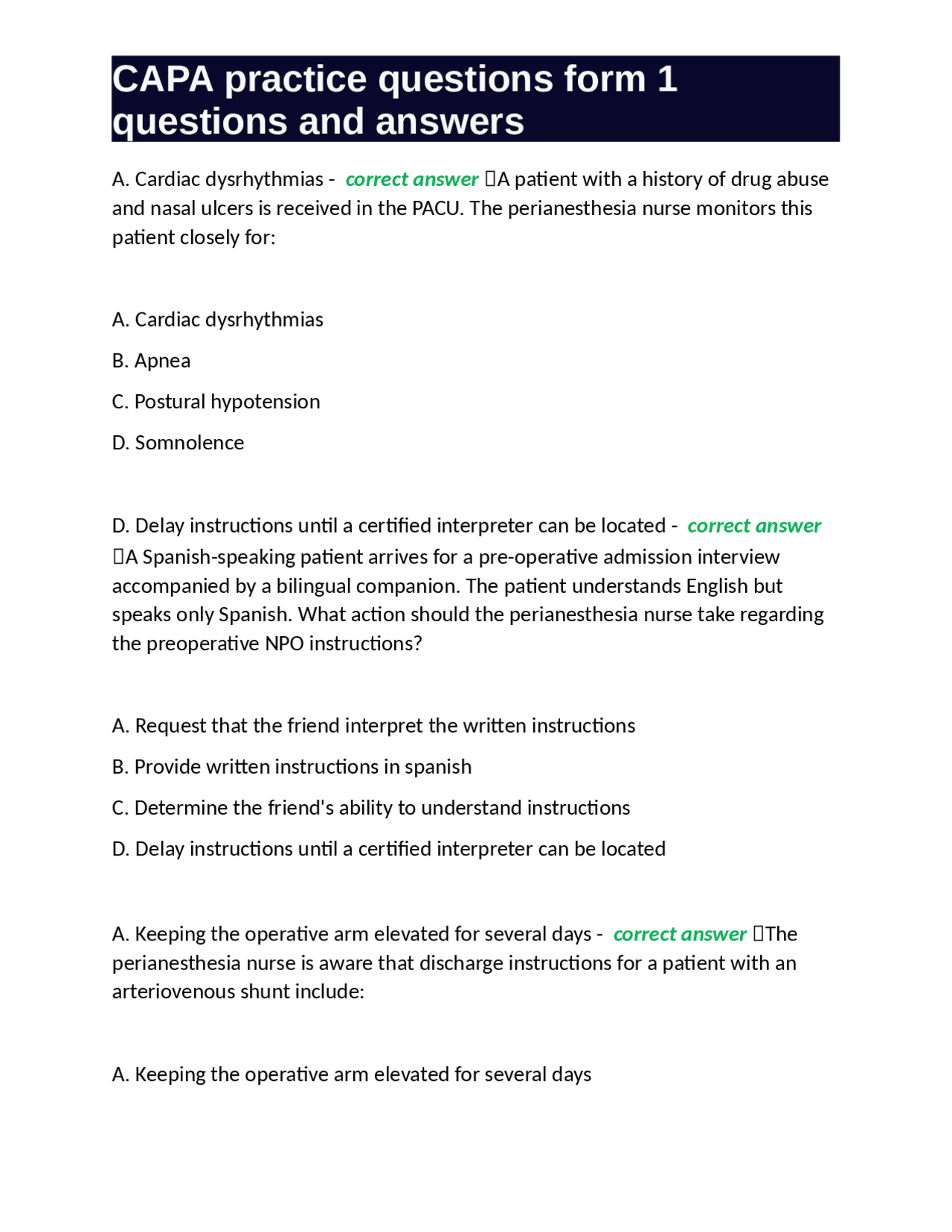 CAPA Practice Questions Form 1: Perianesthesia Nursing | Exams Nursing ...