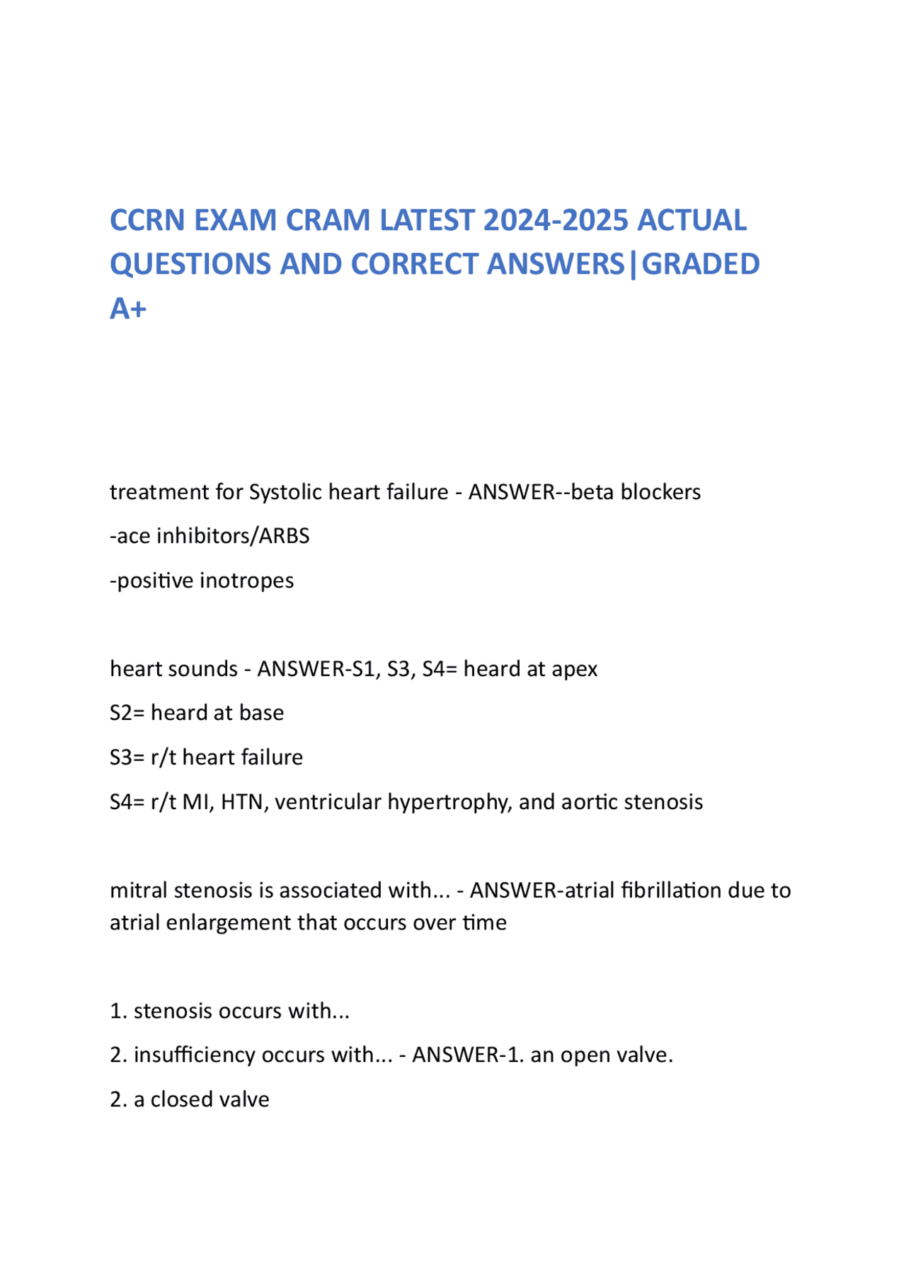 CCRN Exam Cram: Latest 2024-2025 Actual Questions and Answers | Exams ...