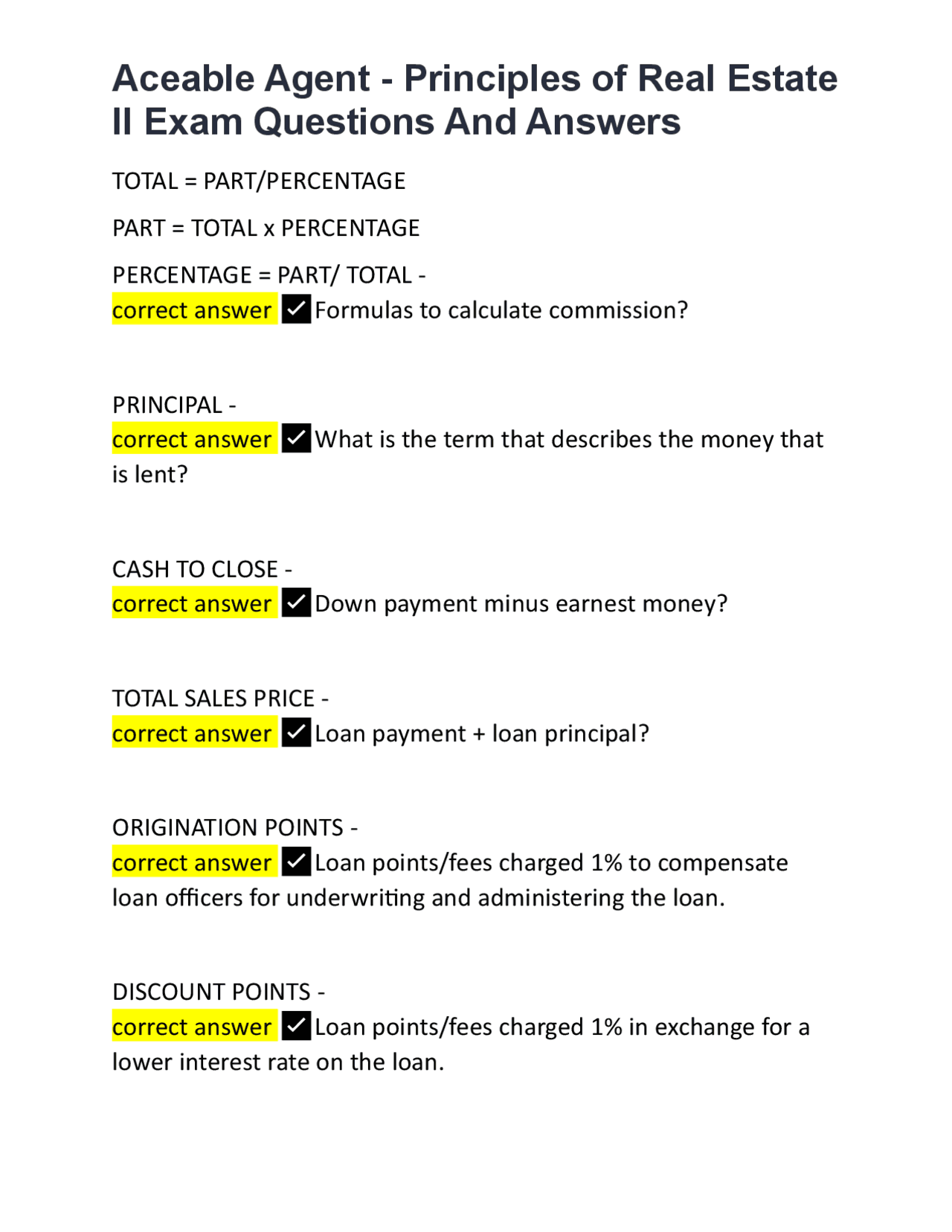 Aceable Agent - Principles of Real Estate II Exam Questions And Answers ...