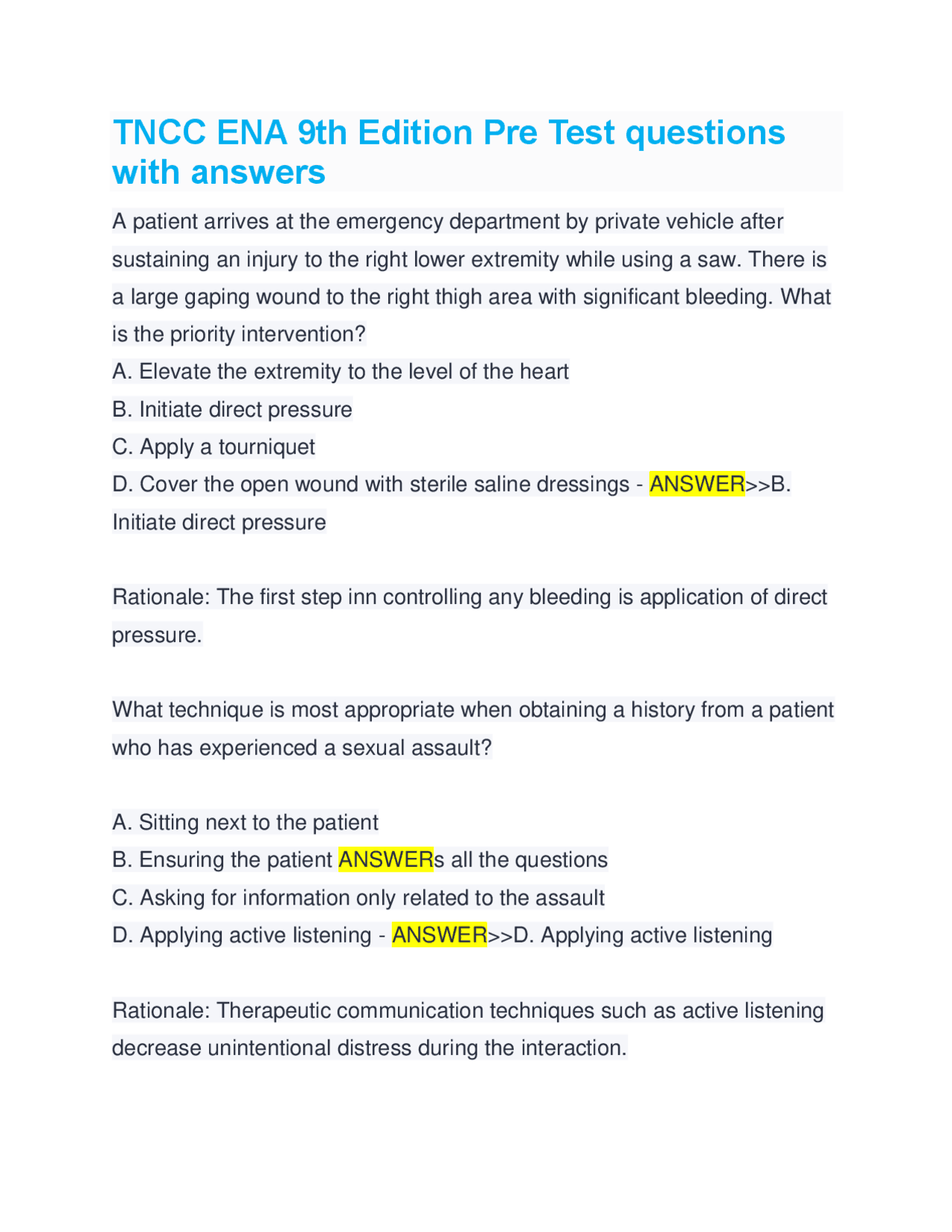 TNCC ENA 9th Edition Pre-Test Questions and Answers | Exams Nursing ...