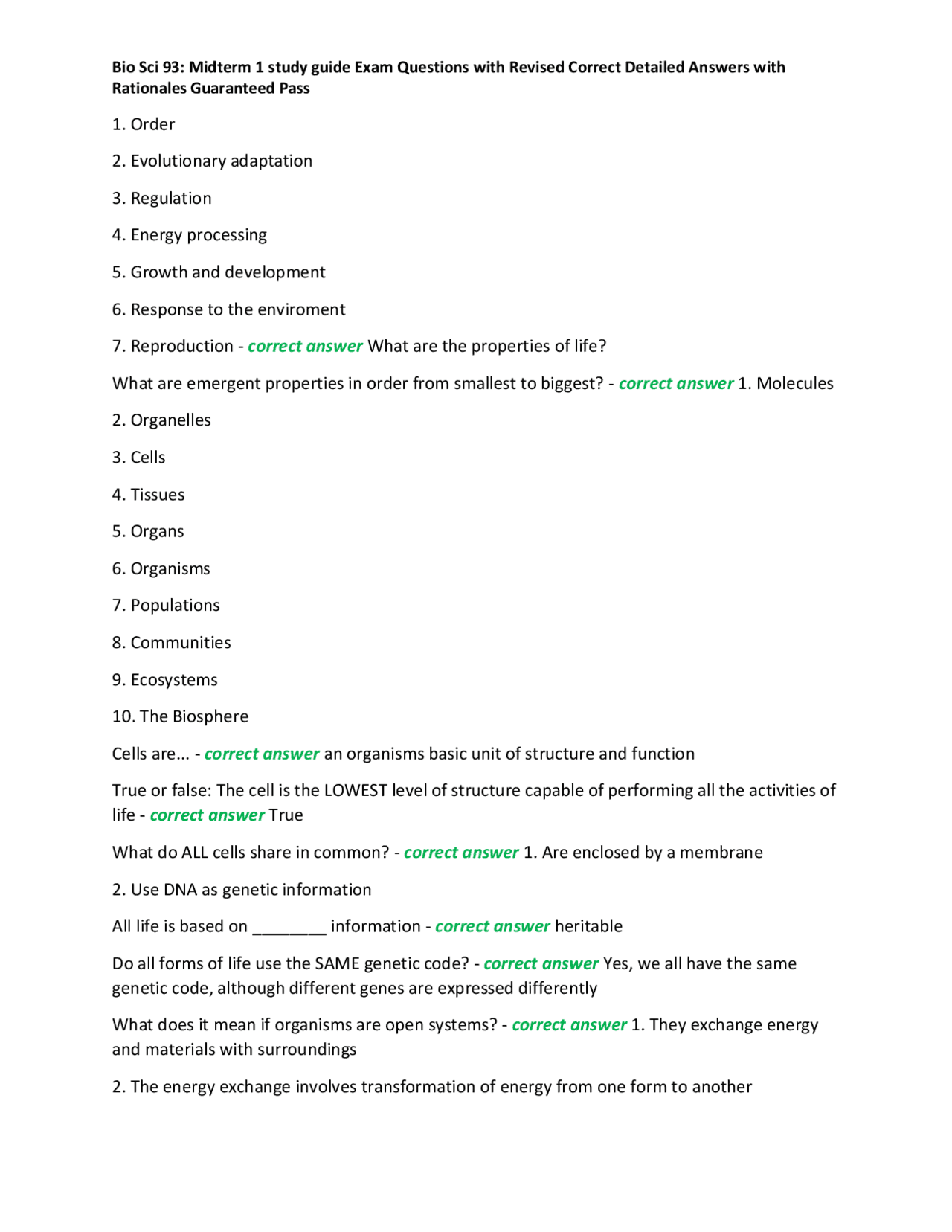Bio Sci 93: Midterm 1 study guide Exam Questions with Revised Correct Detailed Answers wit ...