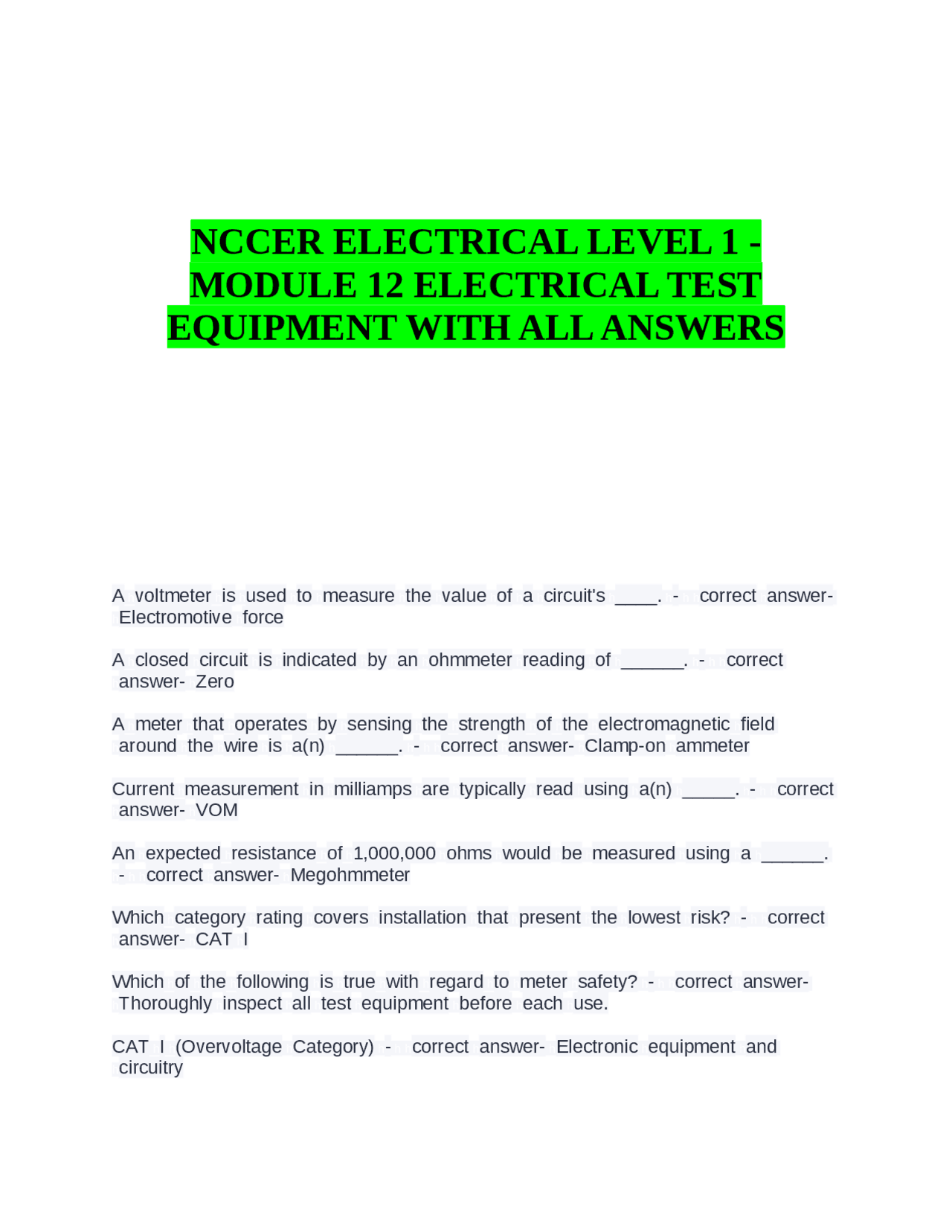 NCCER ELECTRICAL LEVEL 1 -MODULE 12 ELECTRICAL TEST EQUIPMENT WITH ALL ...