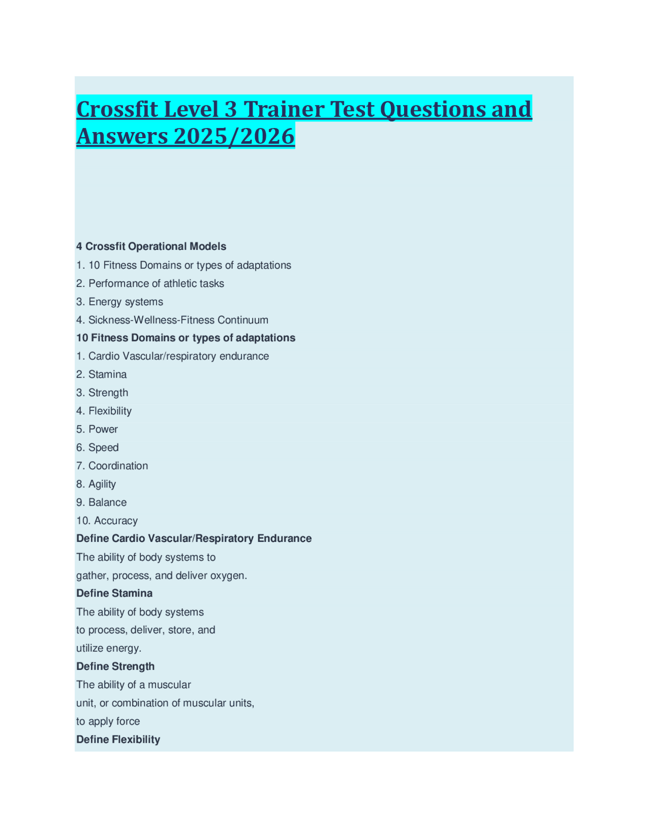 Crossfit Level 3 Trainer Test Questions and Answers 2025/2026 | Exams ...